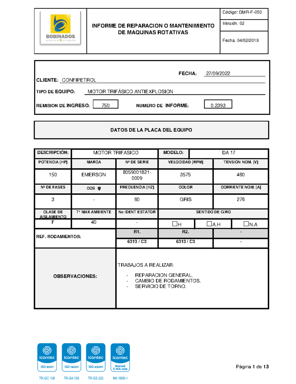 GMR-F-050 Informe Final REP Motor 150 HP - INFORME DE REPARACION O ...