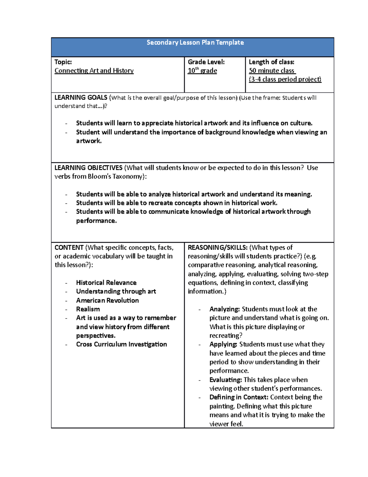 339501922 Connecting Art and History Lesson Plan - Secondary Lesson ...
