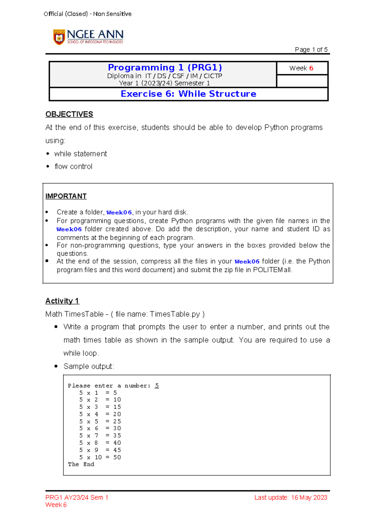 PRG1 Week 6 - Exercise - Page 1 of 5 Programming 1 (PRG1) Diploma in IT / DS / CSF / IM / CICTP ...