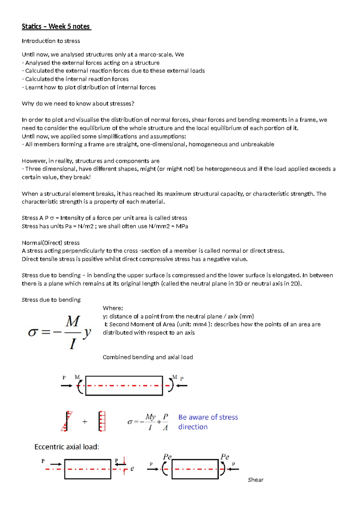 Statics notes - week 5 - Statics – Week 5 notes Introduction to stress ...
