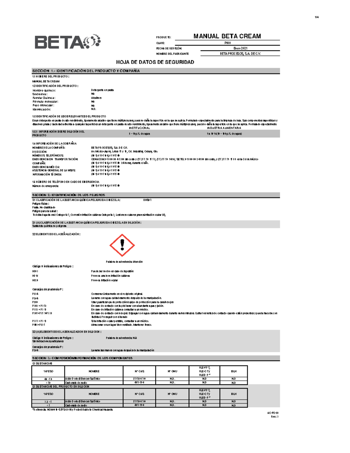 BETA Cream Manula HDS - PRODUCTO: CLAVE: FECHA DE REVISIÓN: NOMBRE DEL ...