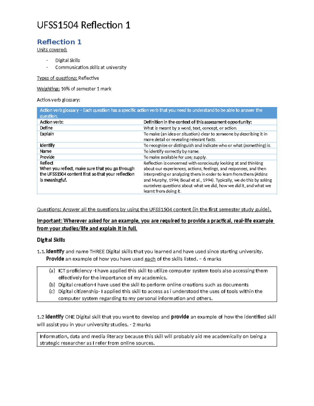 UFSS Reflection - Reflection 1 Units covered: Digital Skills ...