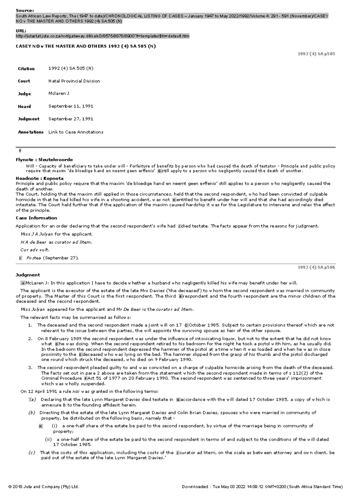 Casey NO v THE Master AND Others 1992 (4) SA 505 (N) - Studocu