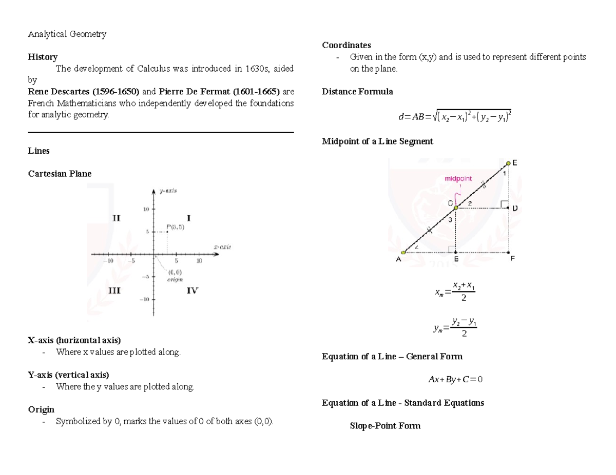 Analytical Geometry - Notes - Analytical Geometry History The ...