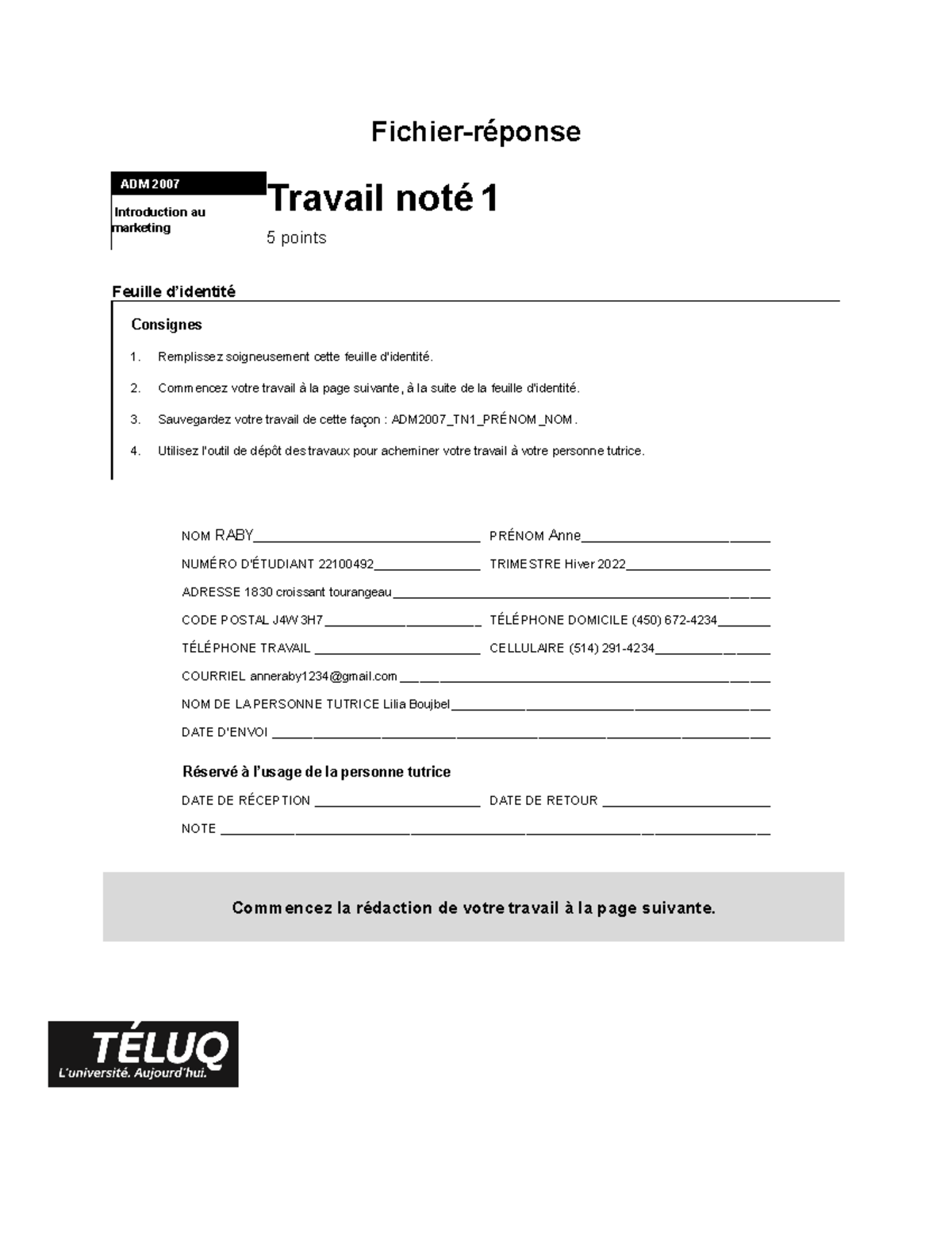 ADM2007 TN1 - travail noté 1 bonne note - Fichier-réponse Travail noté ...