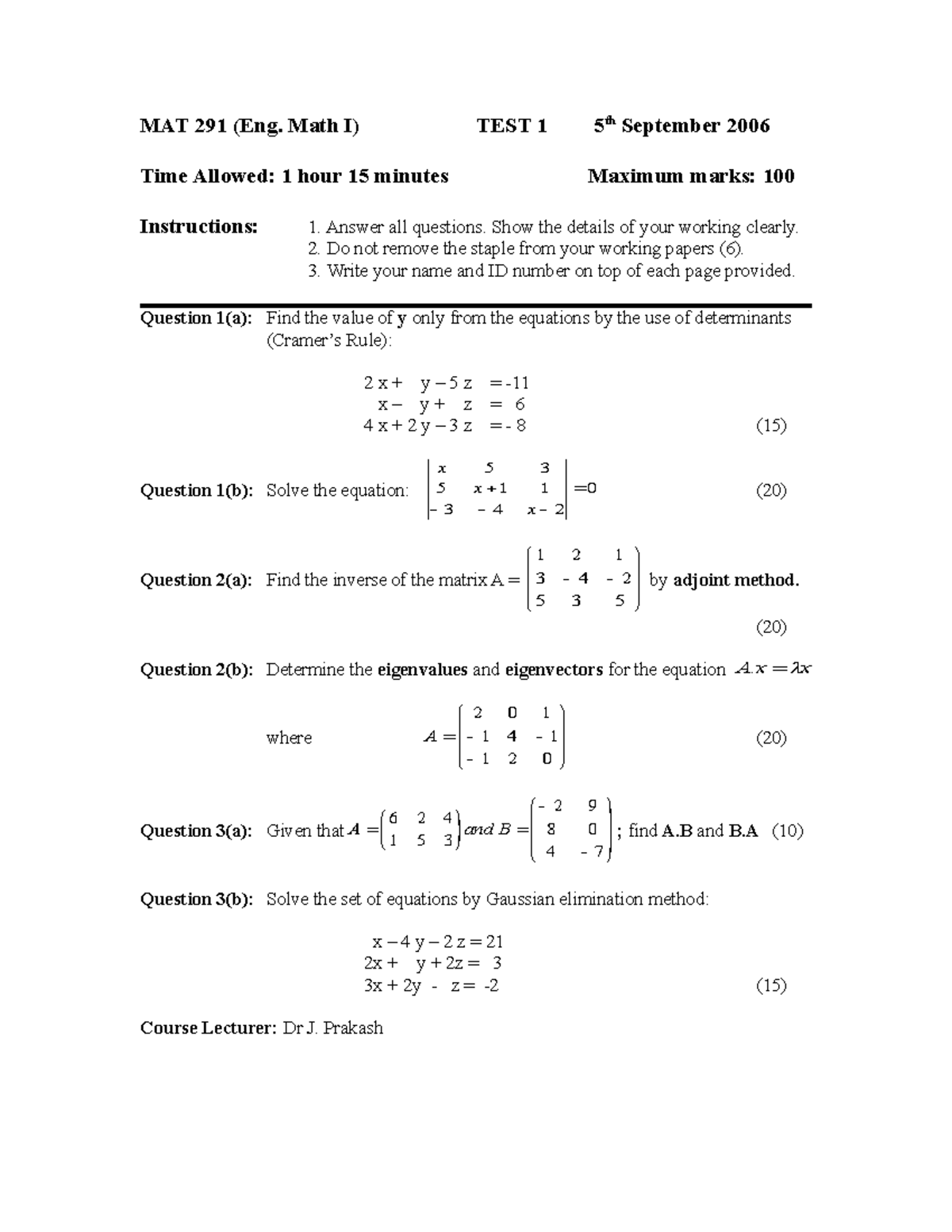 MAT 291(Test 1) - examination paper of engineering mathematics that ...