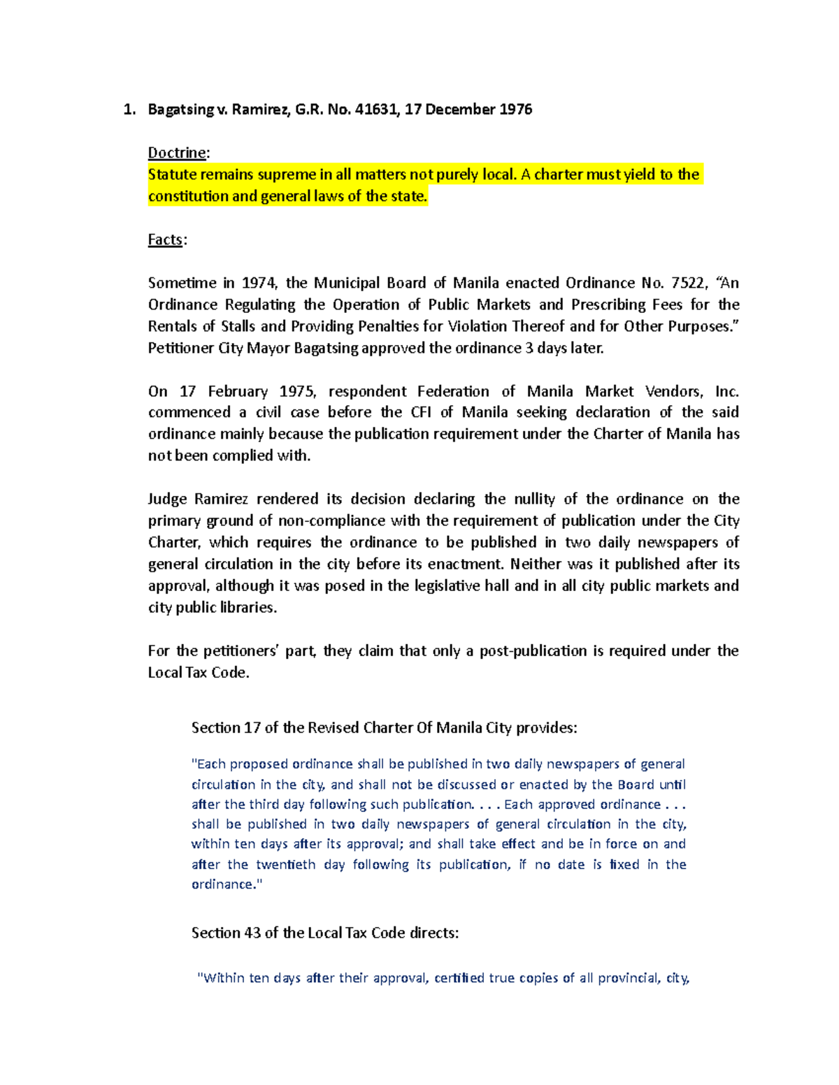 Bagatsing v. Ramirez - Case Digest - Bagatsing v. Ramirez, G. No. 41631, 17 December 1976 ...