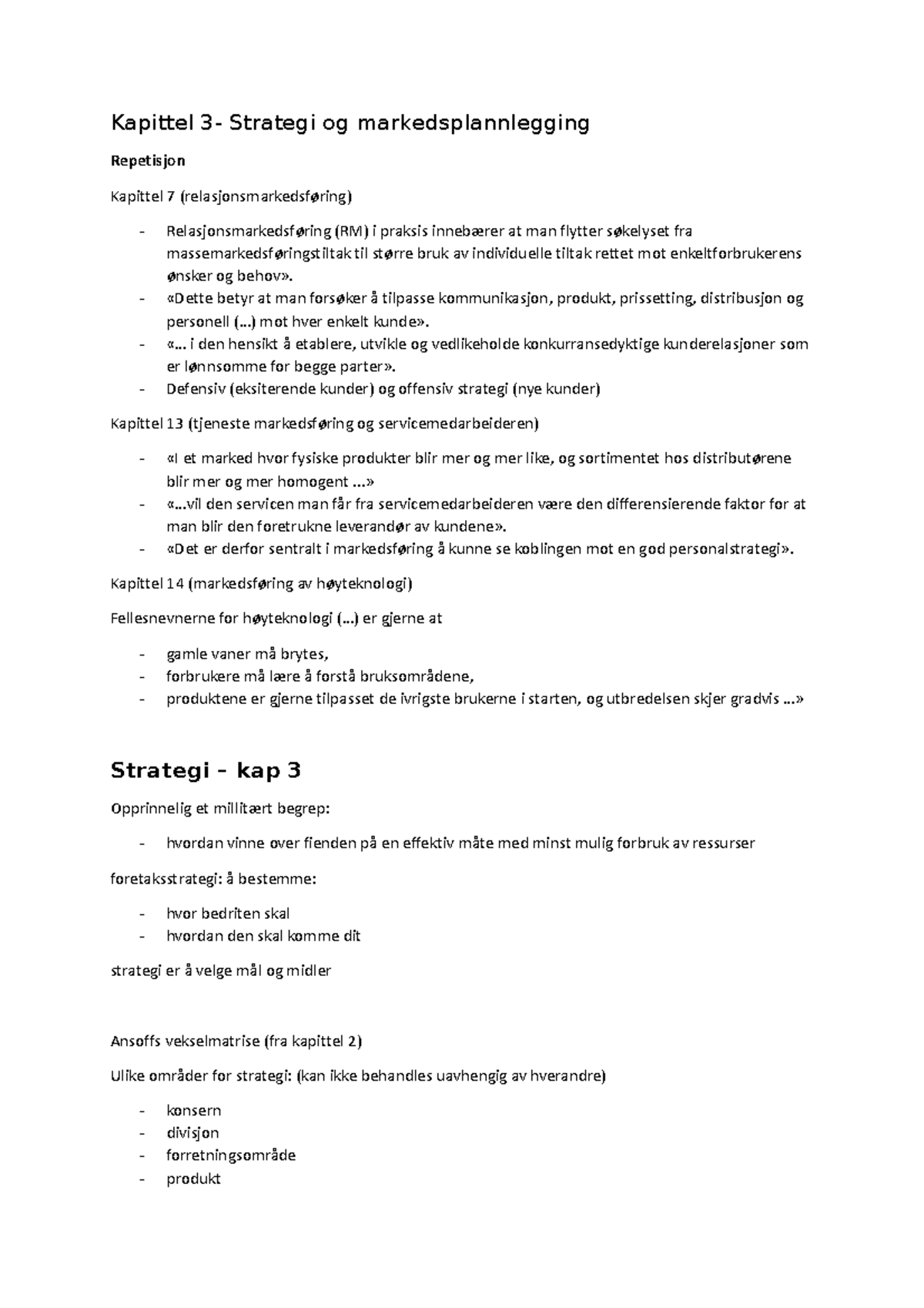 Fårelsening kap 3- stragei og markedsplanlegging (markedsføring) - Kapittel 3- Strategi og - Studocu