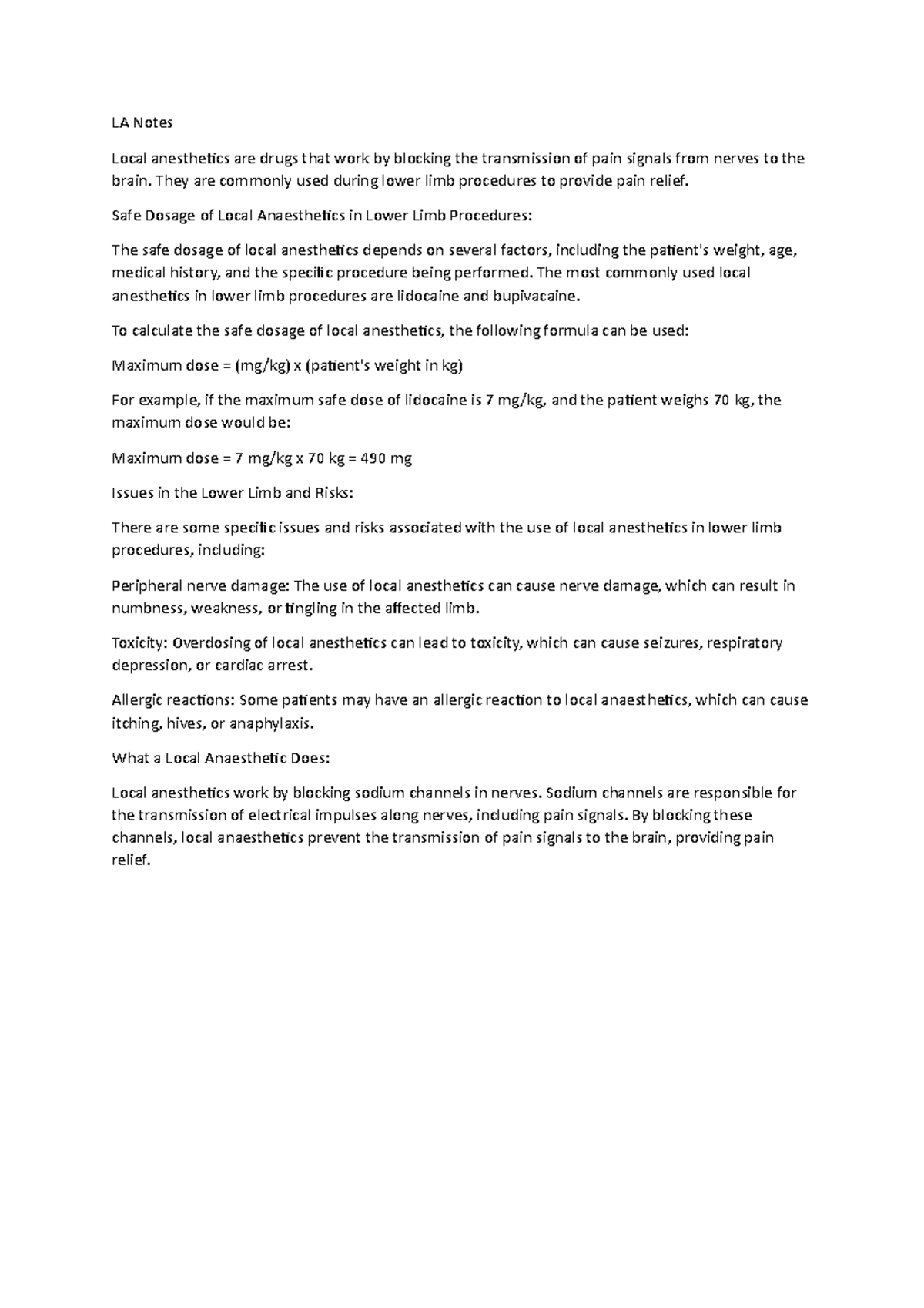 LA Notes - LA Notes Local anesthetics are drugs that work by blocking ...