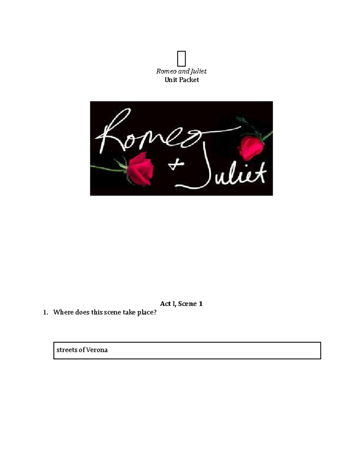 2024 Romeo and Juliet Unit Packet - Romeo and Juliet Unit Packet Act I ...