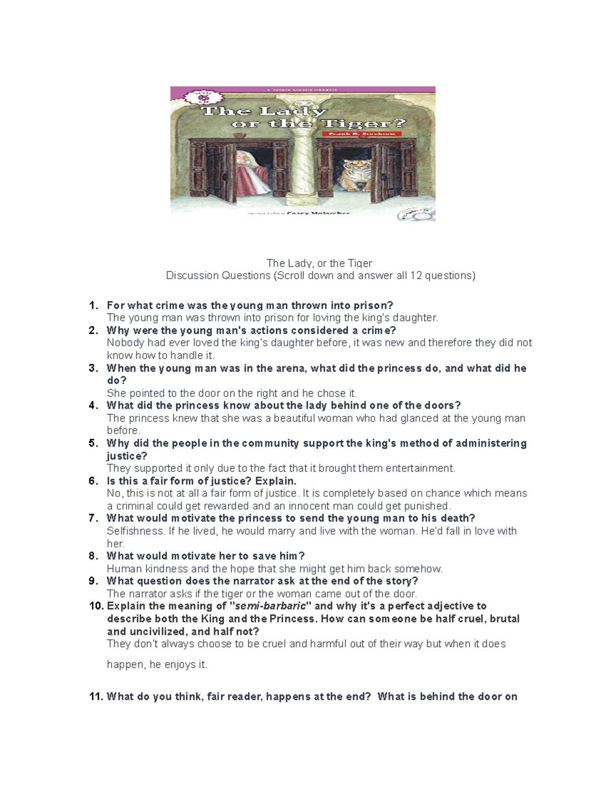 Isla Mabry- The Lady, or the Tiger Discussion Questions - The Lady, or ...