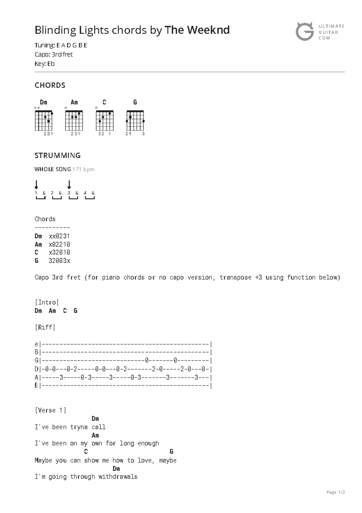 Blinding Lights Chords by The Weekndtabs @ Ultimate Guitar Archive ...