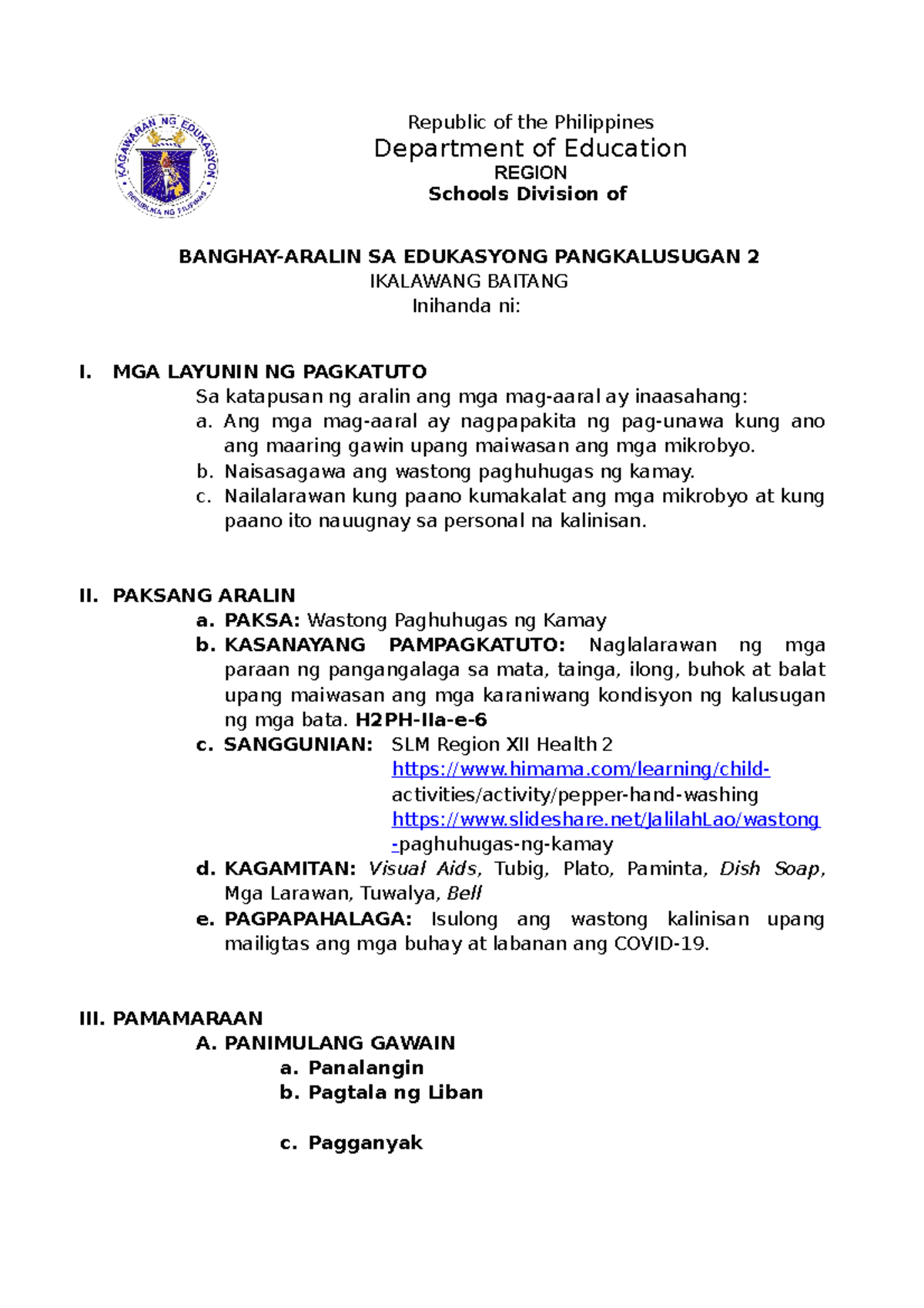 Lesson PLAN FOR Grade 2 - Republic of the Philippines Department of ...