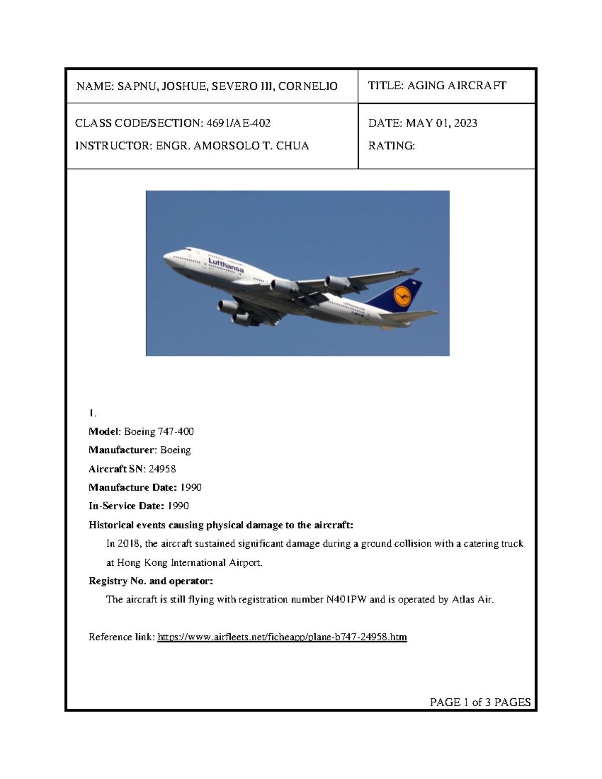 ACT 3 Sapnu Severoiii - Reciews - PAGE 1 of 3 PAGES 1. Model: Boeing ...