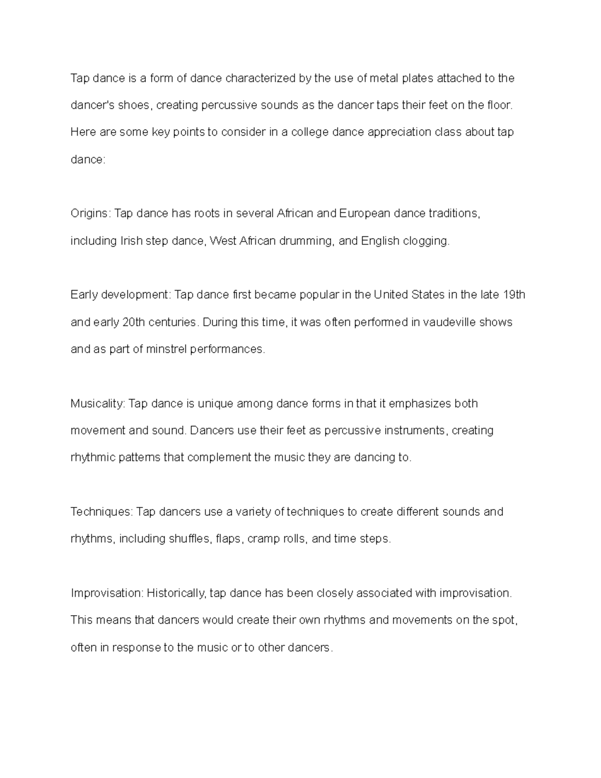 Lecture notes about tap dance - Tap dance is a form of dance ...