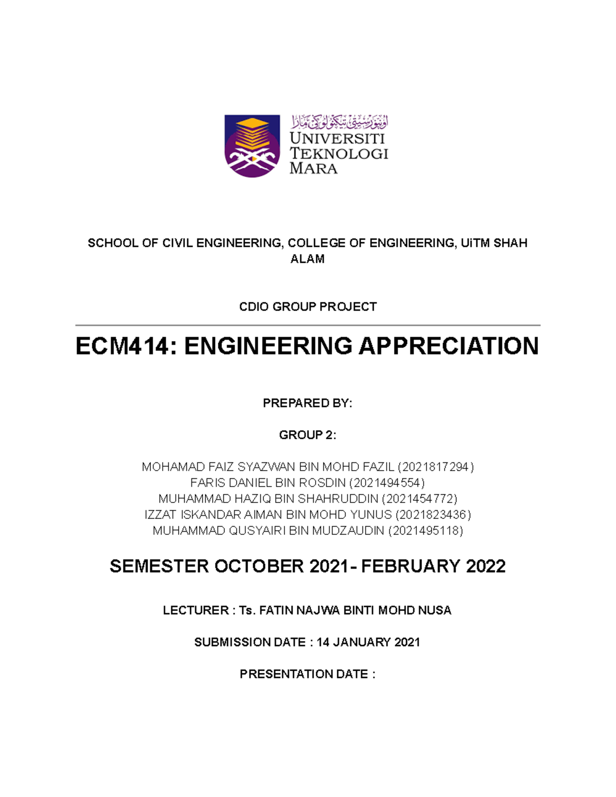 CDIO Project (DUE W12 - 14 1 2022) - SCHOOL OF CIVIL ENGINEERING ...