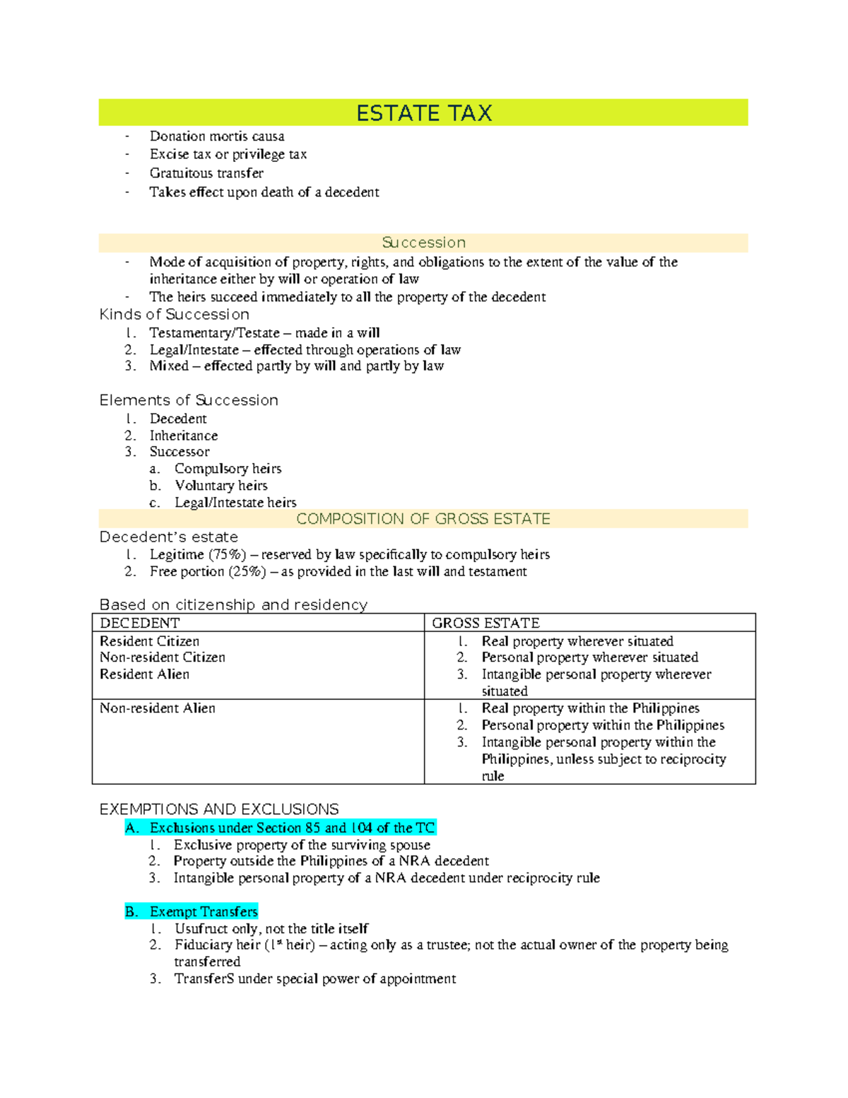 Estate TAX - ESTATE TAX Donation mortis causa Excise tax or privilege ...