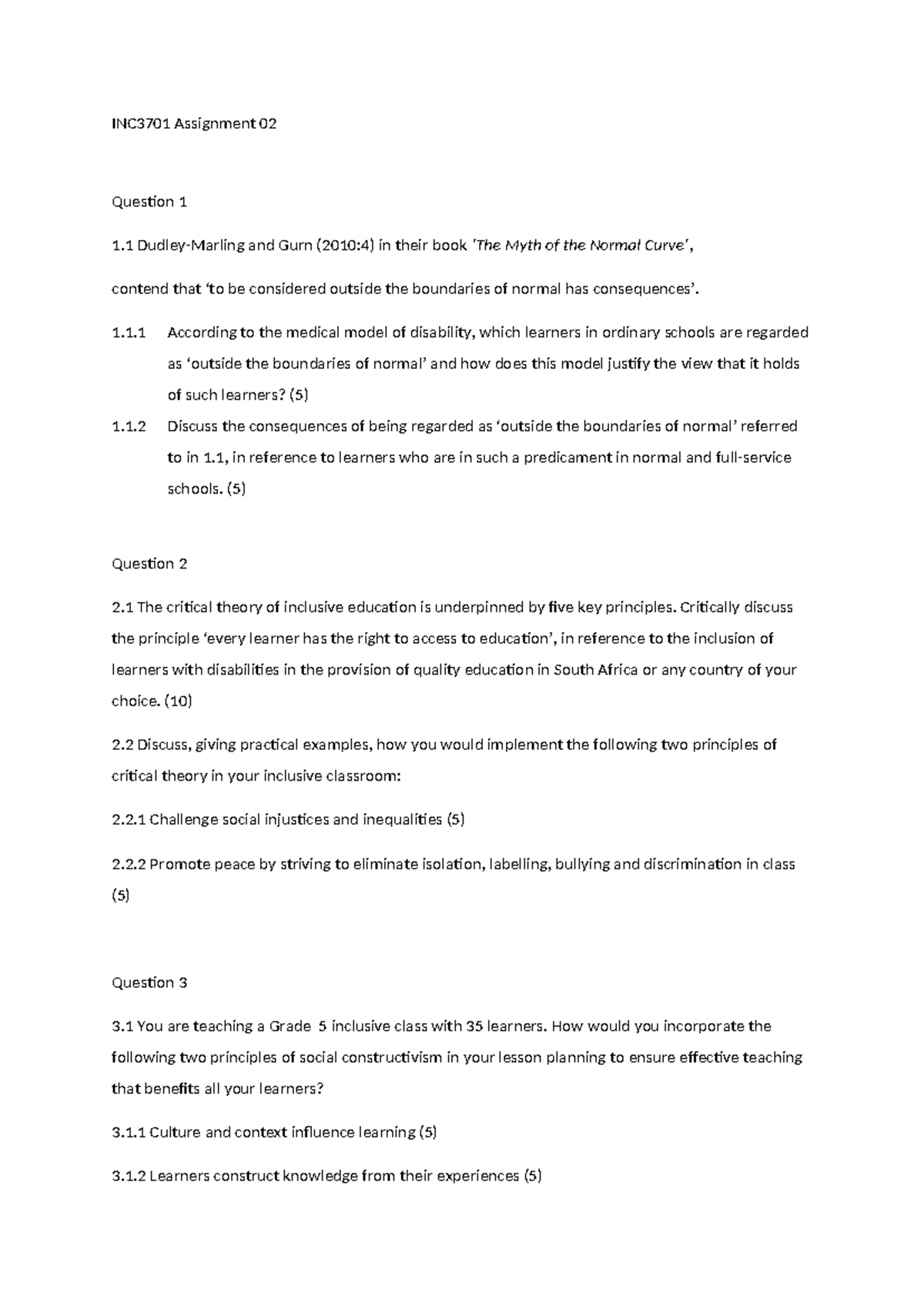 INC3702 assignment 02 - INC3701 Assignment 02 Question 1 1 Dudley-Marling and Gurn (2010:4) in ...