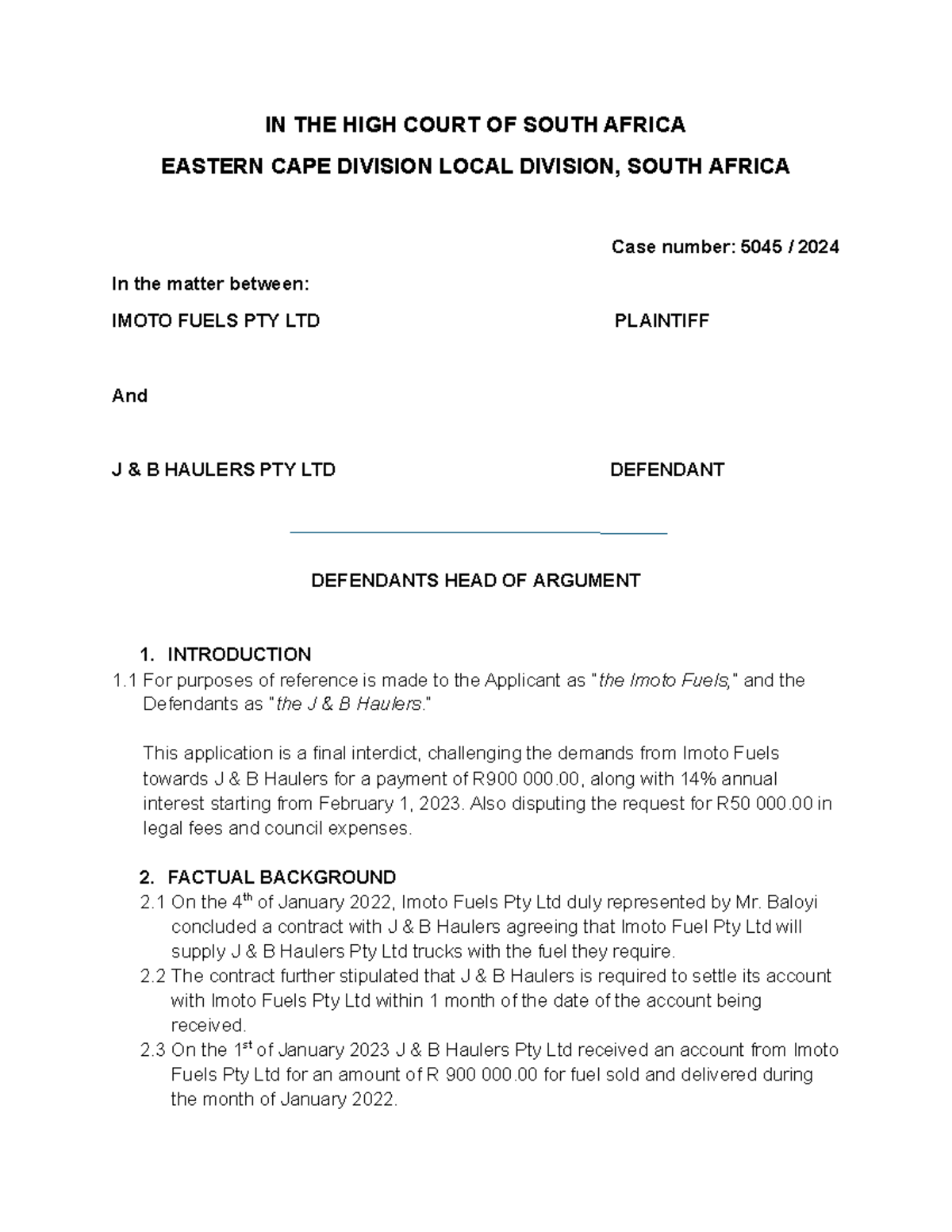 Defendants Heads OF Arguments - IN THE HIGH COURT OF SOUTH AFRICA ...