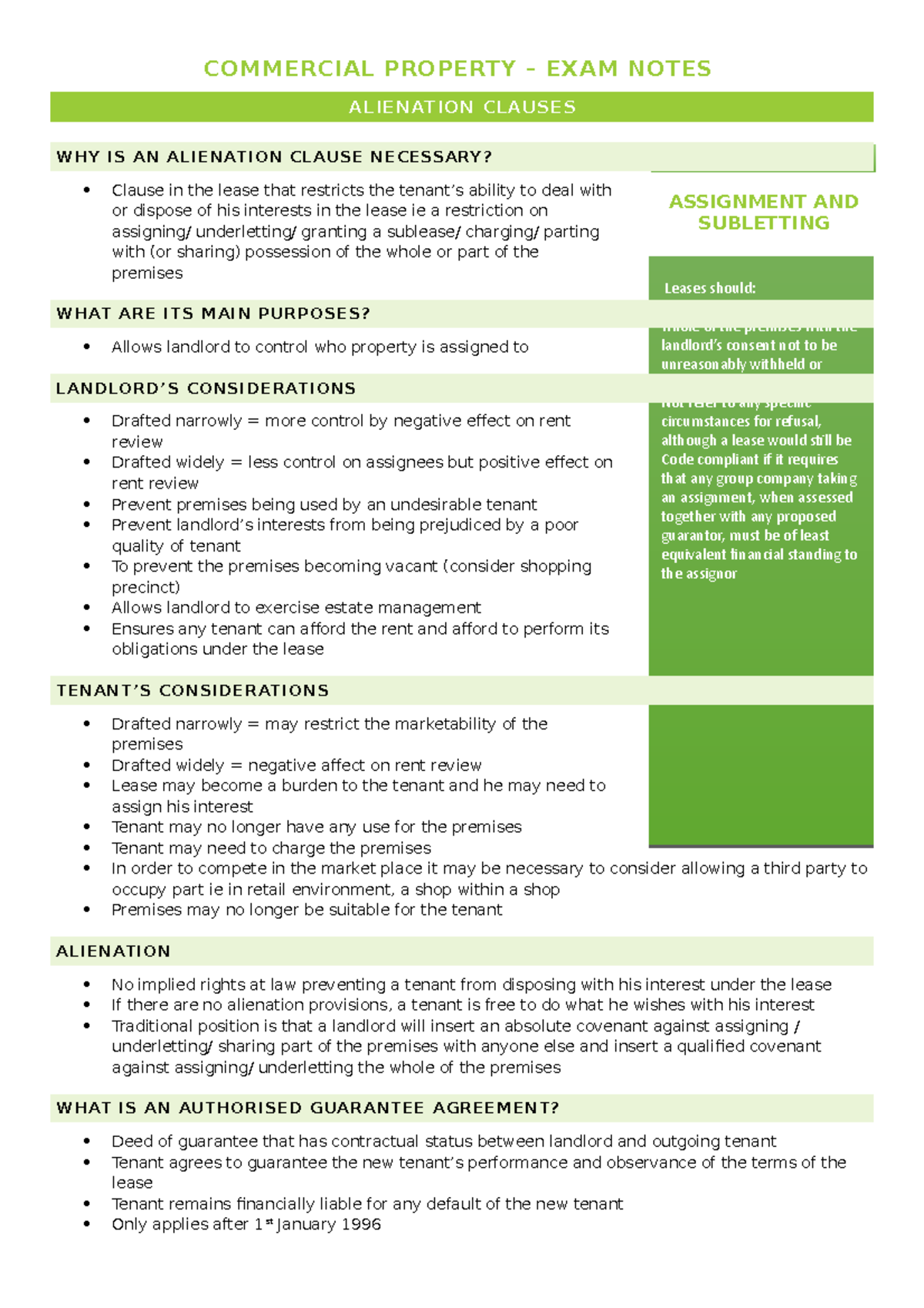 Alienation - Commercial Property - LLM Legal Practice Course - Leases ...