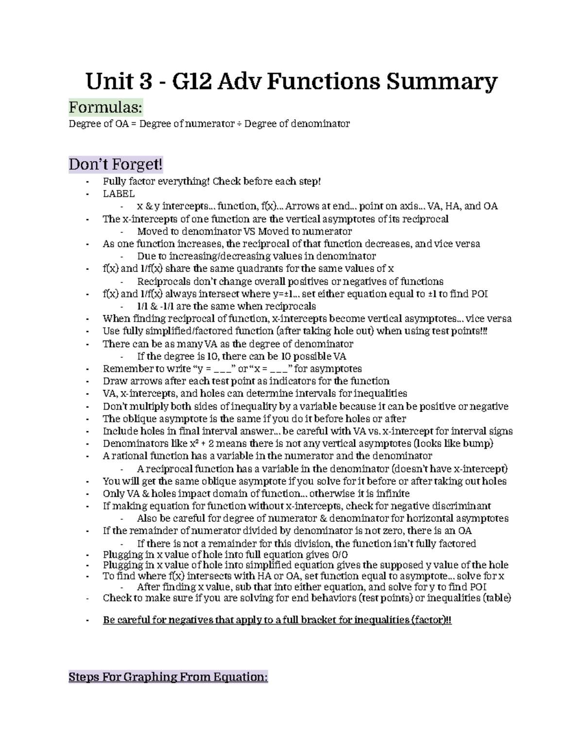 Unit 3 - Grade 12 Advanced Functions Summary Sheet - Unit 3 - G12 Adv ...