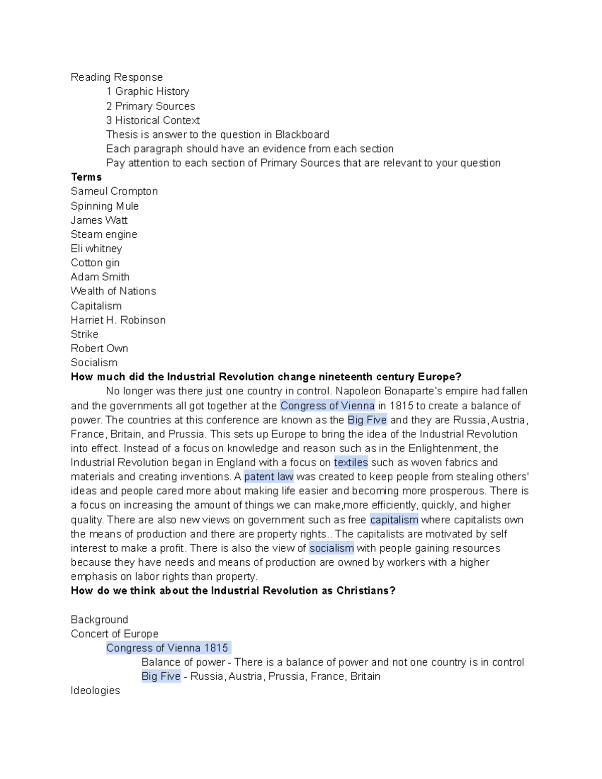 Industrial Revolution - Reading Response 1 Graphic History 2 Primary ...