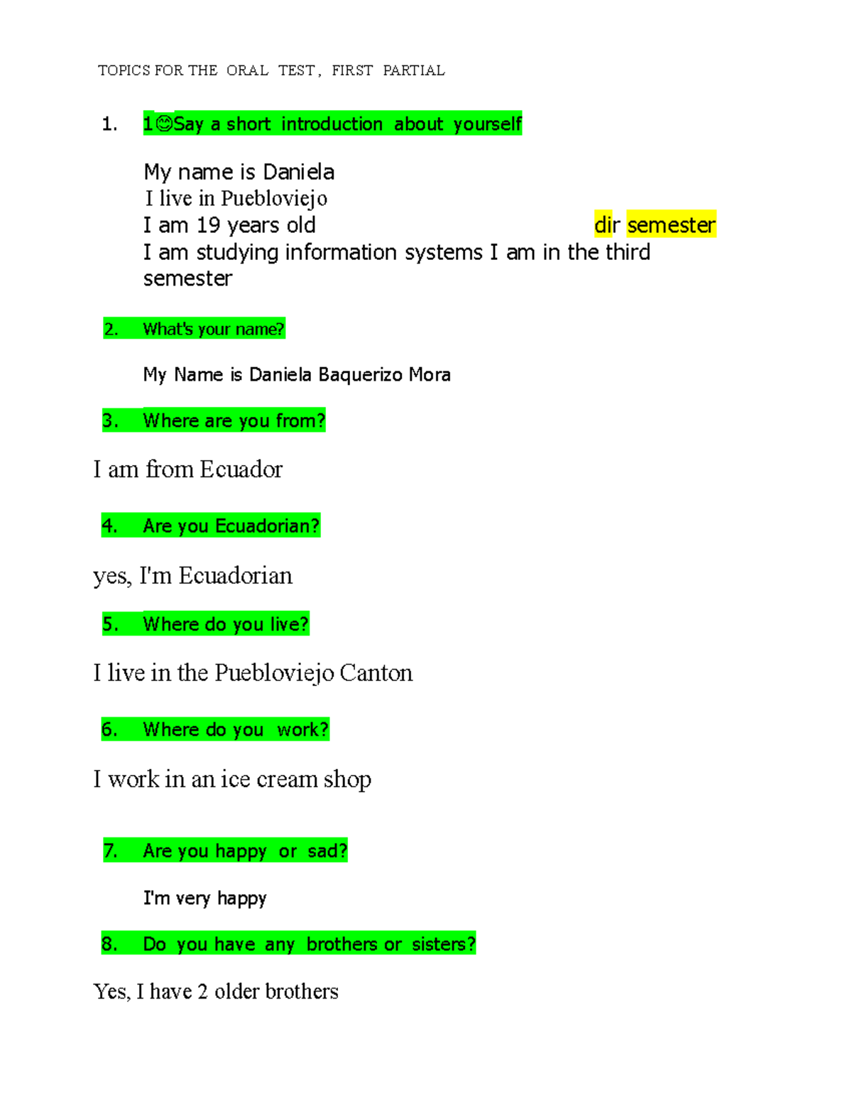 Topics FOR THE ORAL TEST primer nivel O - ####### TOPICS FOR THE ORAL ...