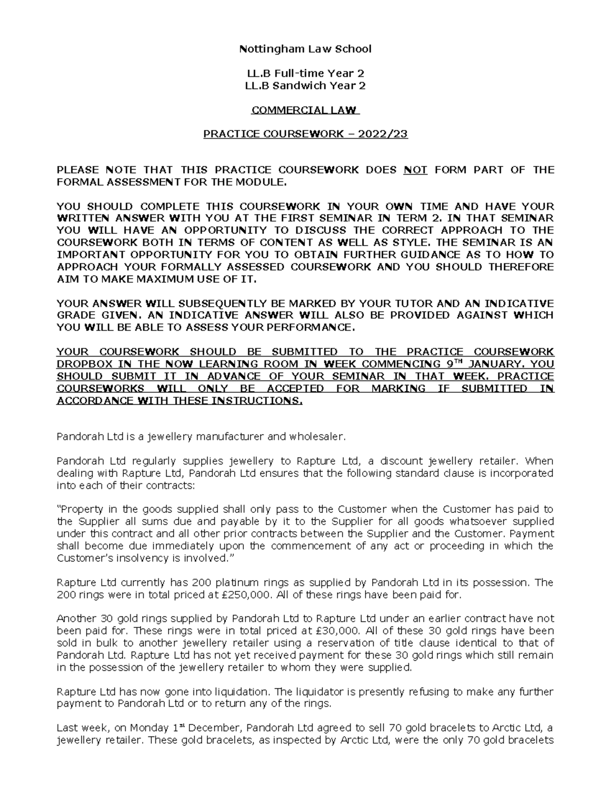 #Commercial Law (LAW 22406) Practice Coursework 22-23 - Nottingham Law ...