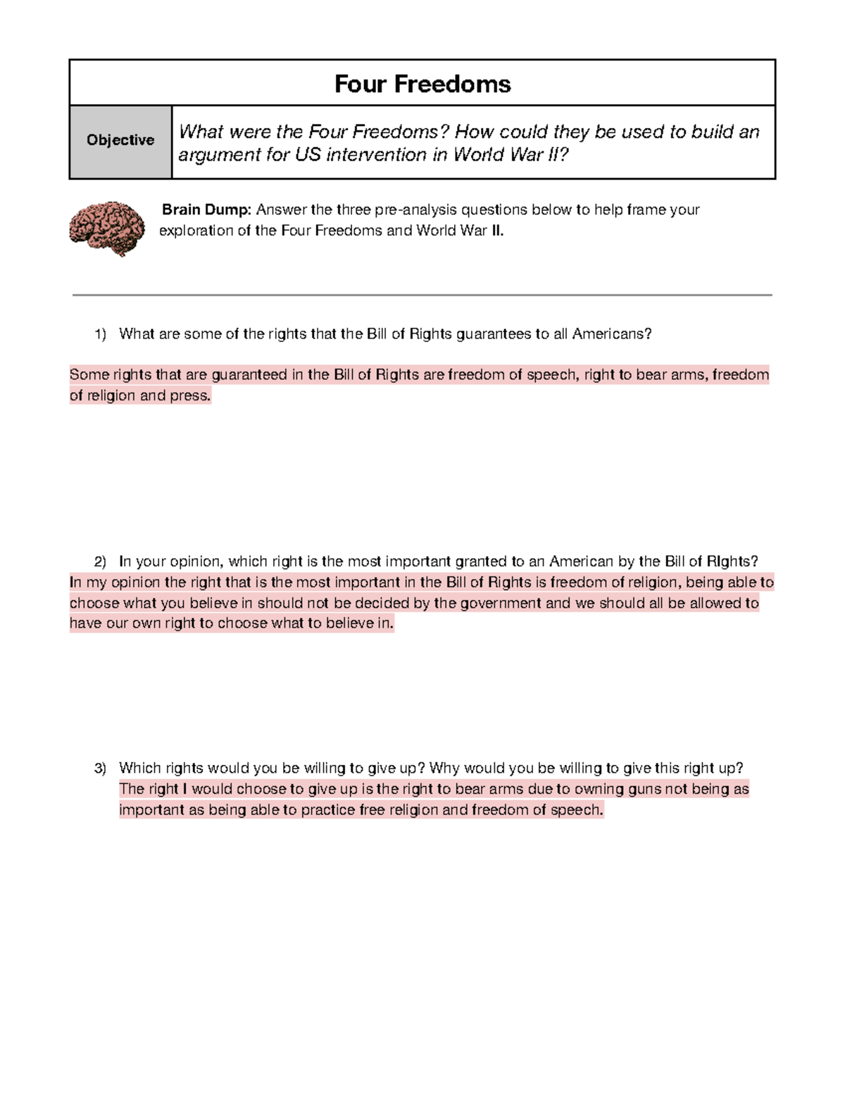 Close Read of the Four Freedoms - Four Freedoms Objective What were the ...