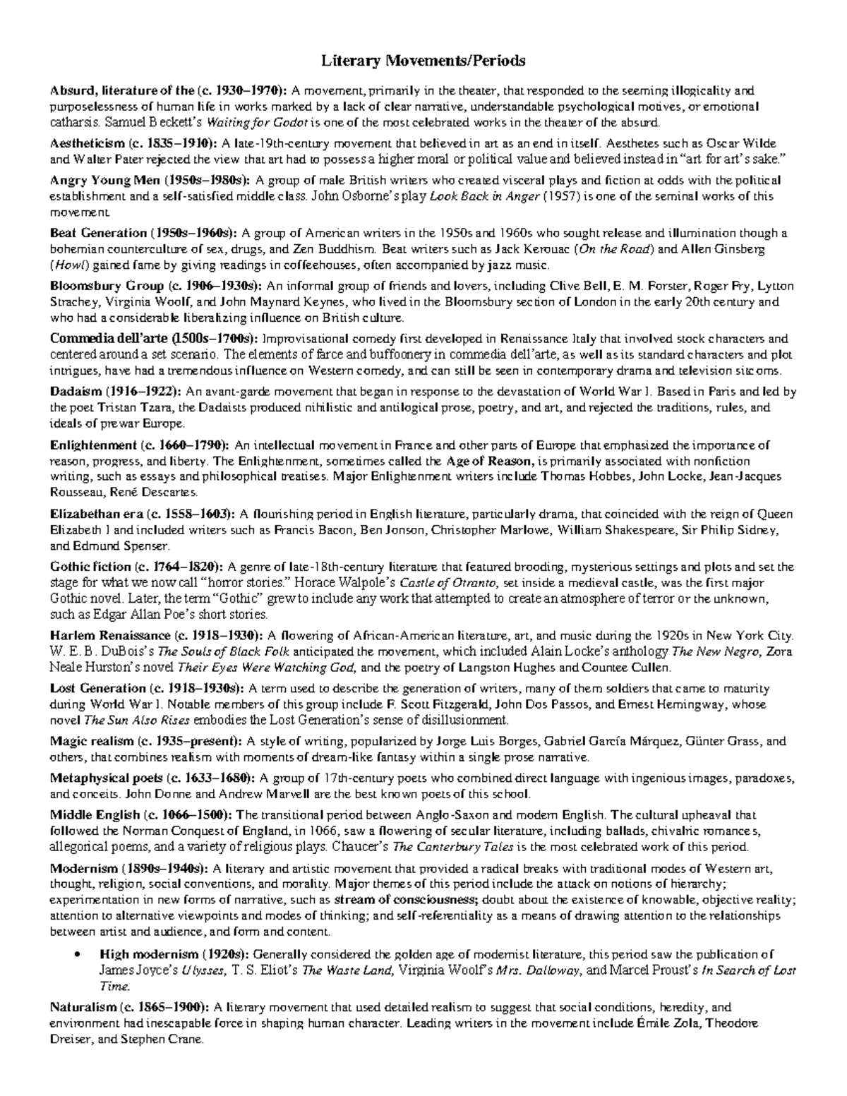 Lit Movements Reference Sheet - Literary Movements/Periods Absurd ...