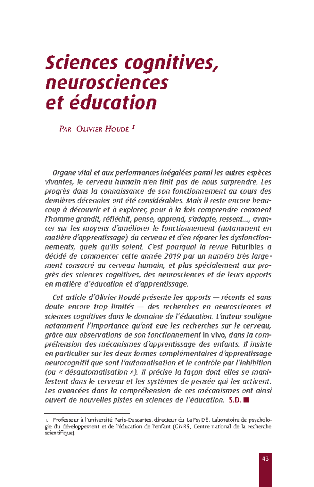 Sciences-cognitives-neurosciences Houdé - Sciences cognitives, neuro sciences et éducation PAR ...