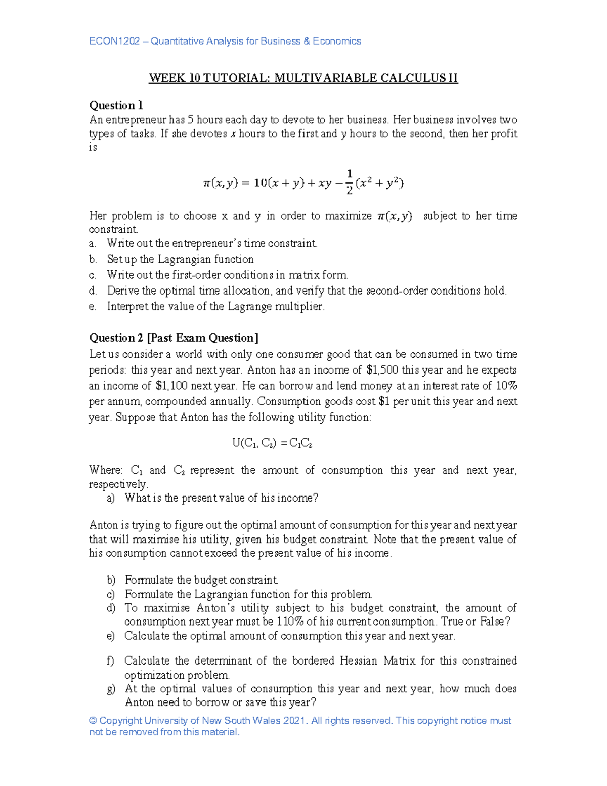 Week 10 Tutorial Questions - ECON1202 - UNSW Sydney - Studocu