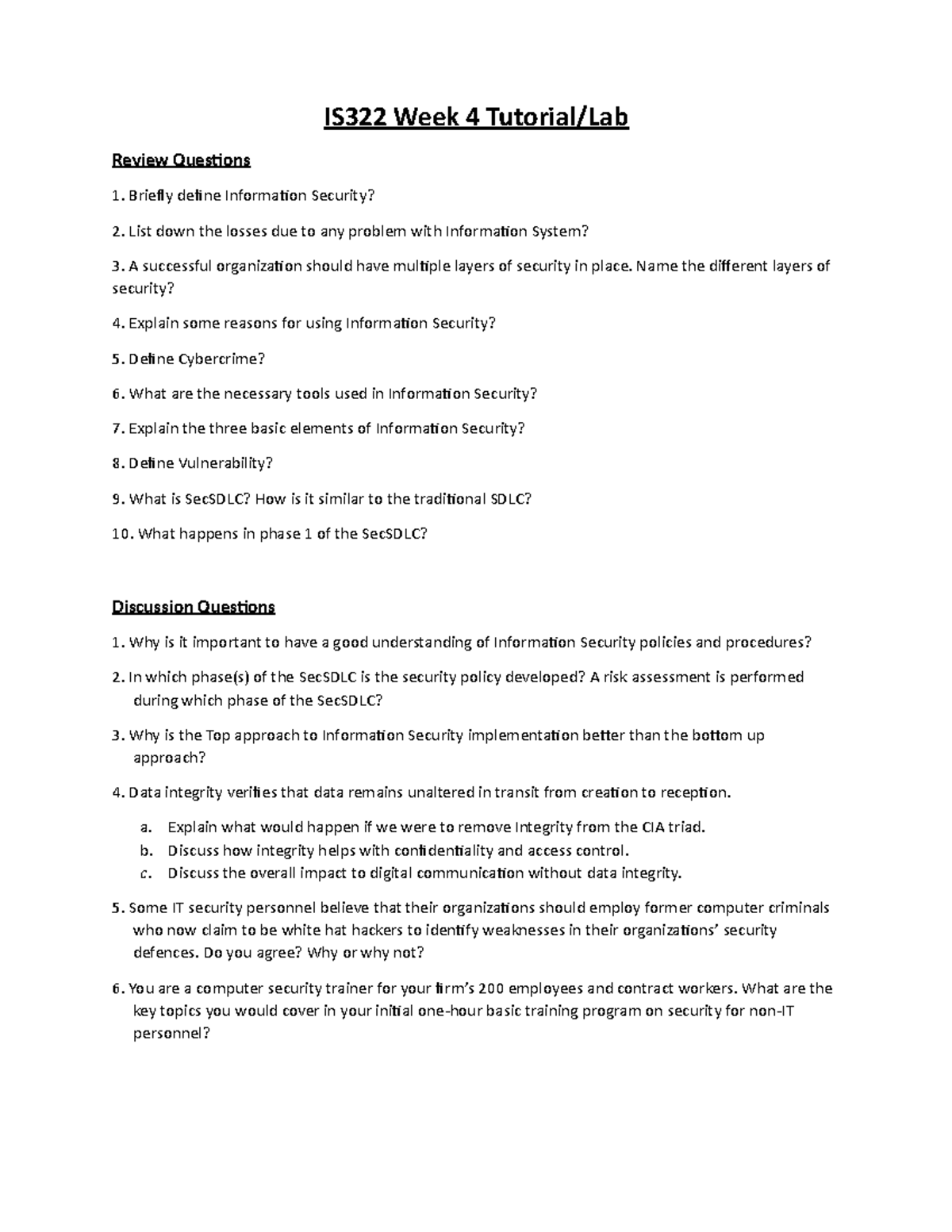 IS322 Week 4 Tutorial and Lab - IS322 Week 4 Tutorial/Lab Review Questions Briefly define - Studocu