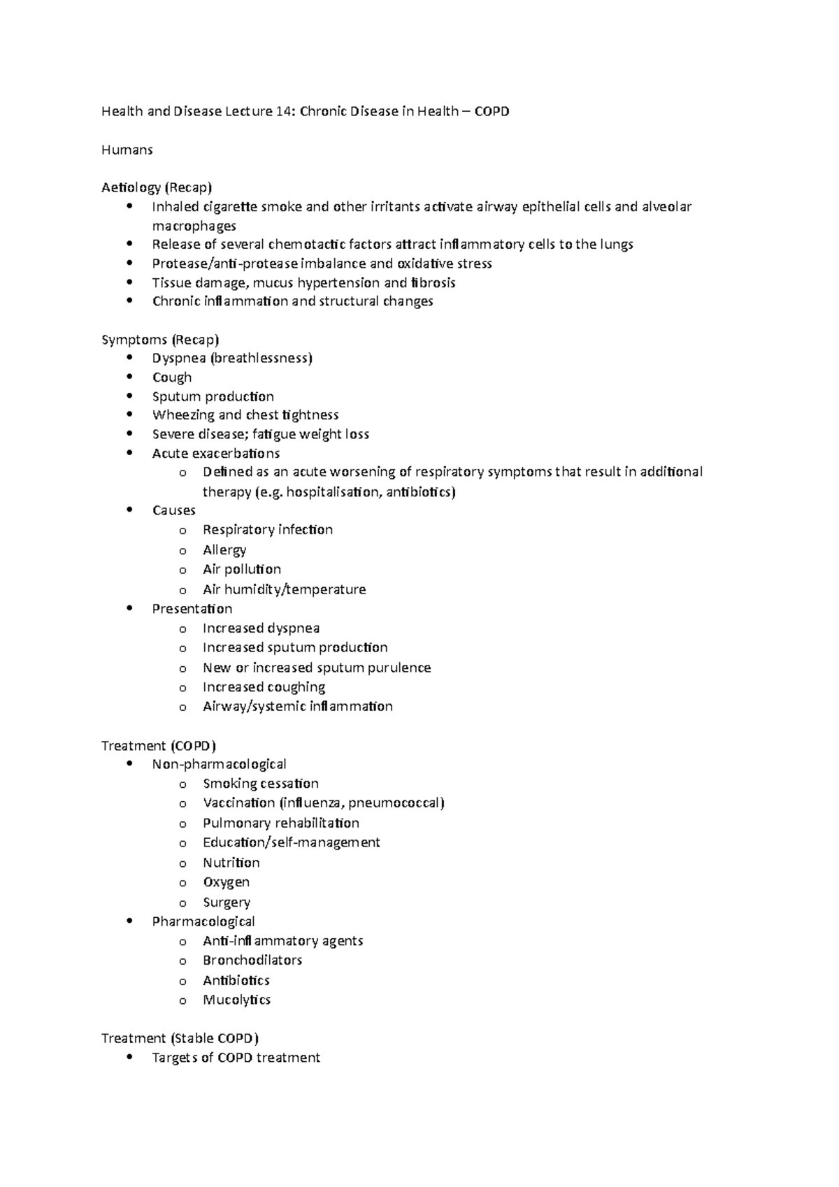 Lecture 14 Notes - Chronic Disease in Health: COPD 2 - Health and ...