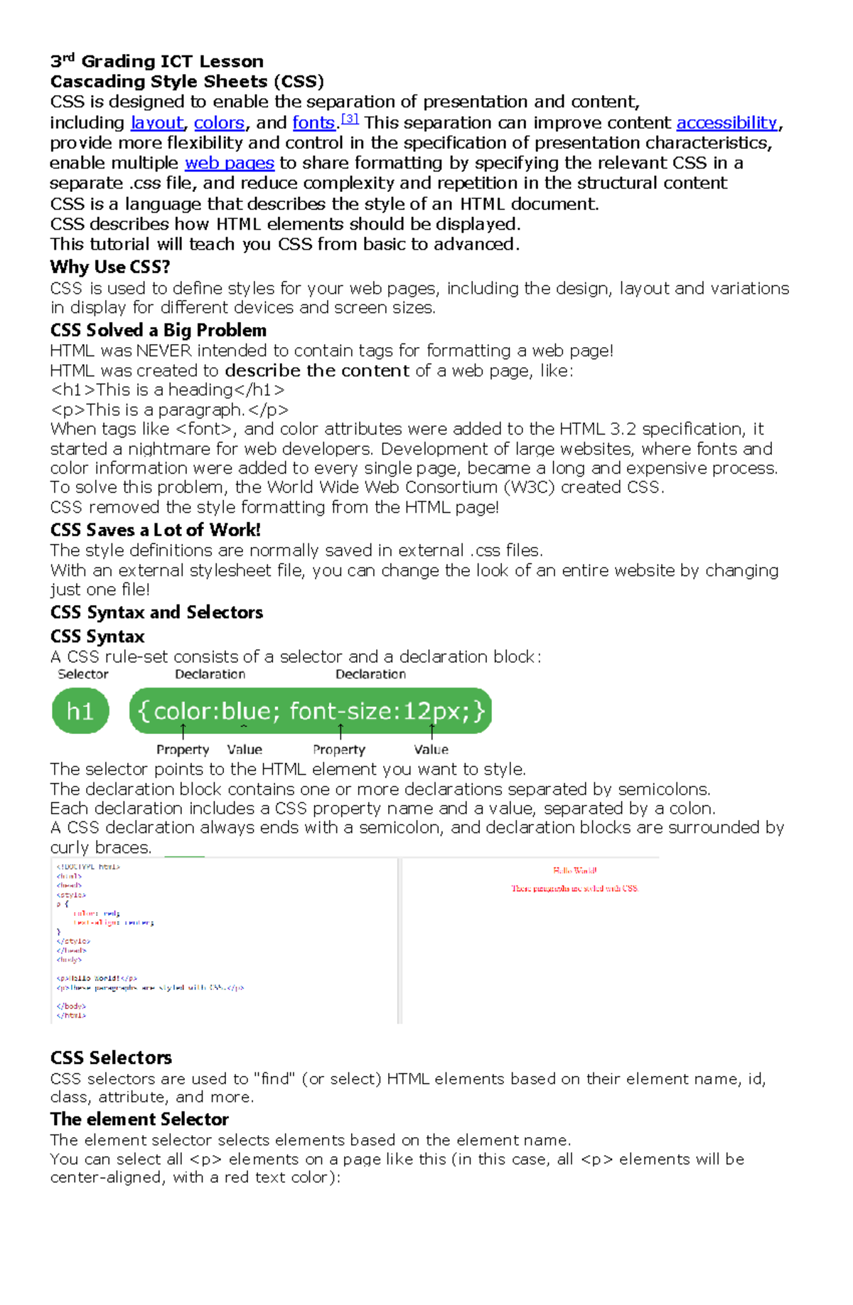 Lesson Plan For Ict Compress 3 Rd Grading Ict Lesson Cascading Style Sheets Css Css Is
