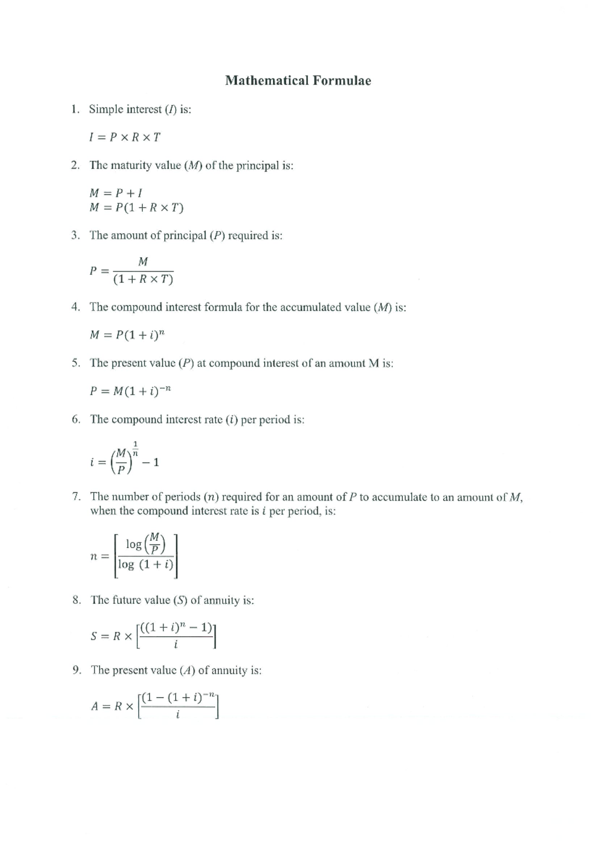 MATH 1053 Formulae Sheets and Tables - Quantitative Methods for ...