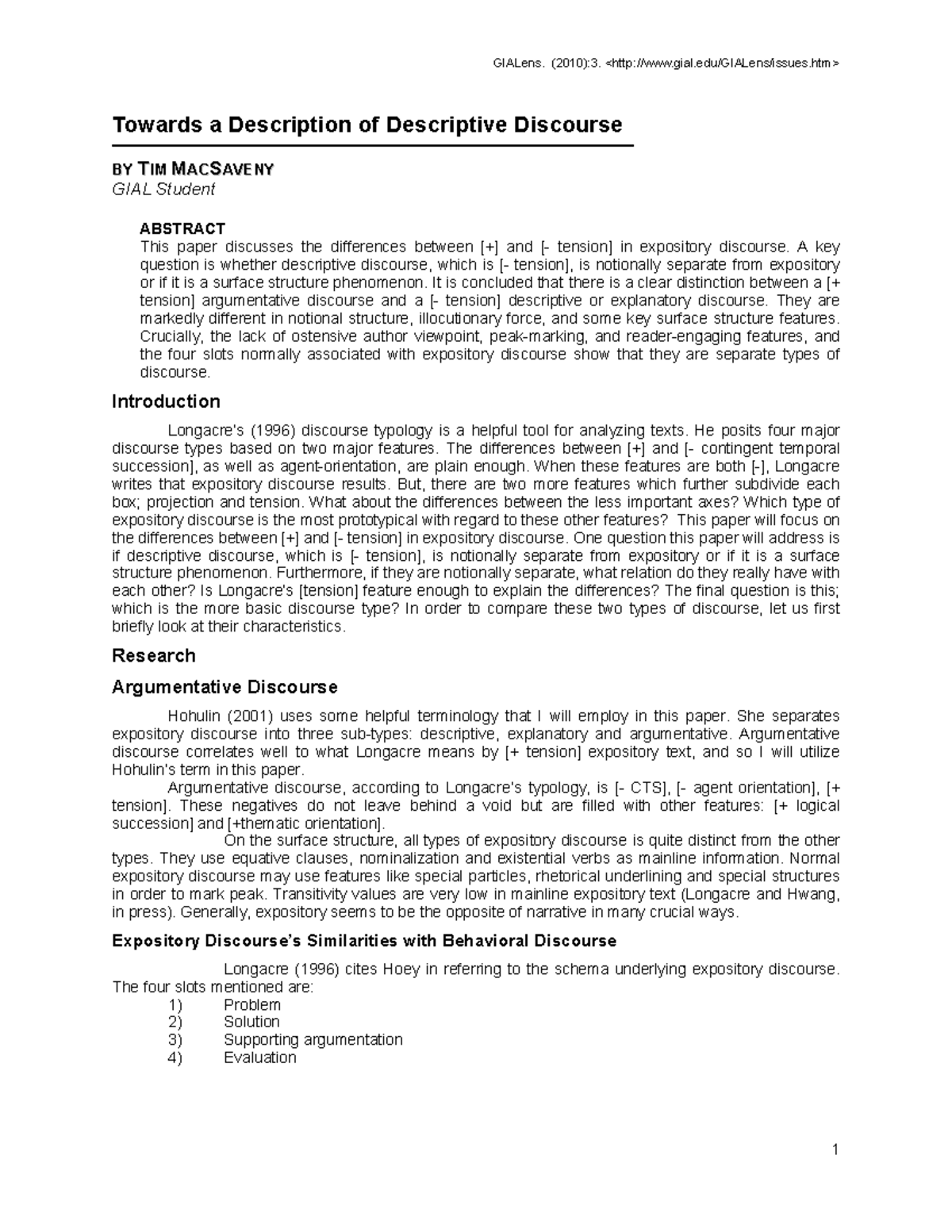 Tim Mac Saveny Description of Descriptive Discourse - - Studocu