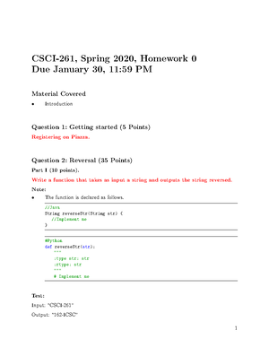 Homework 5 - HW 5 - CSCI-261, Spring 2020, Homework 5 due Thursday April 23, 11:59 PM Material ...