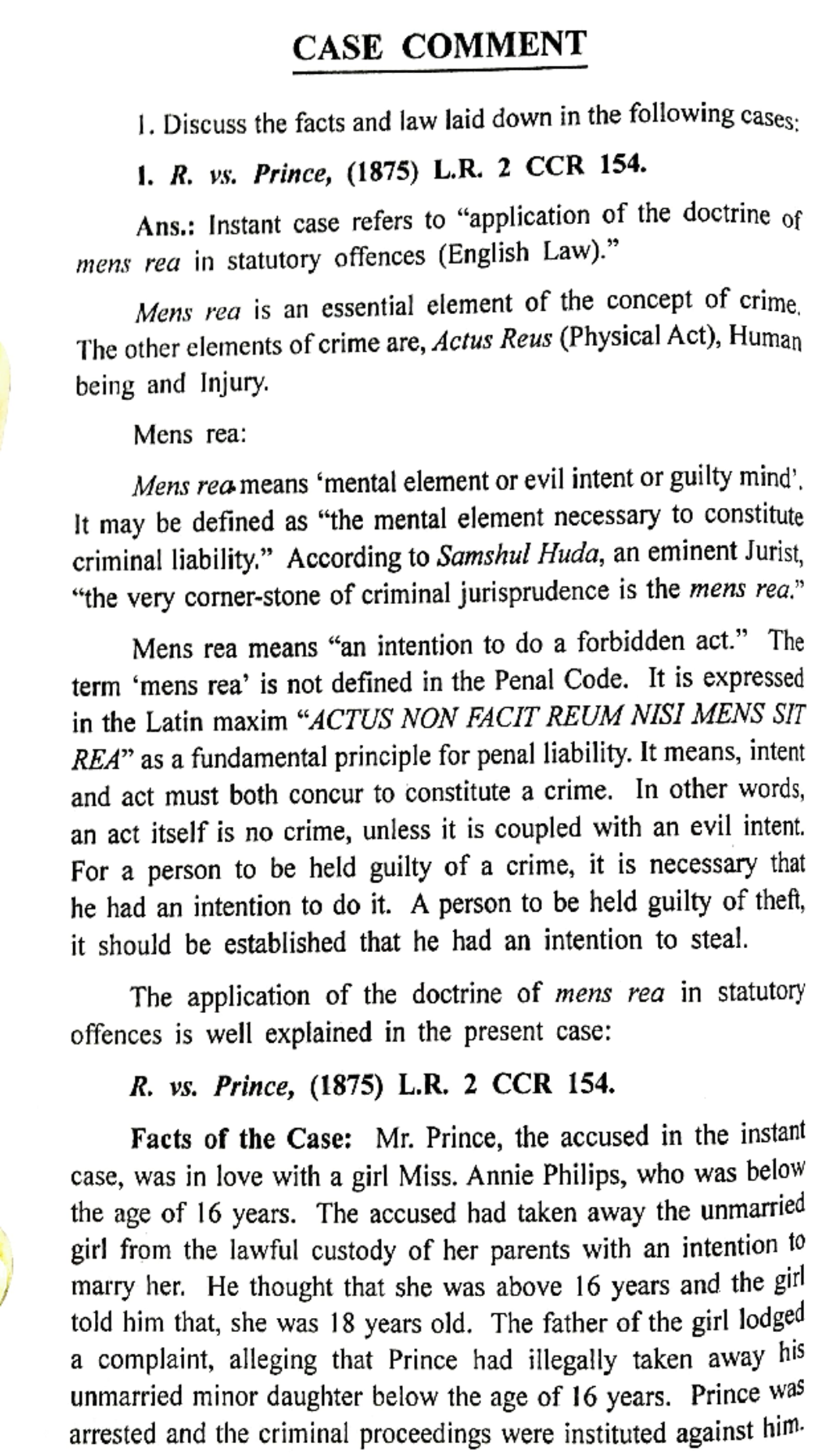 Case Comment - CASE COMMENT I. Discuss the facts and law laid down in ...