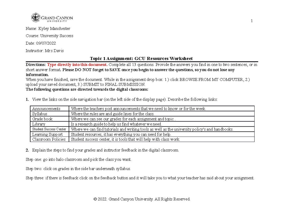 GCU Resources Worksheet - Digital Classroom Navigation - Studocu
