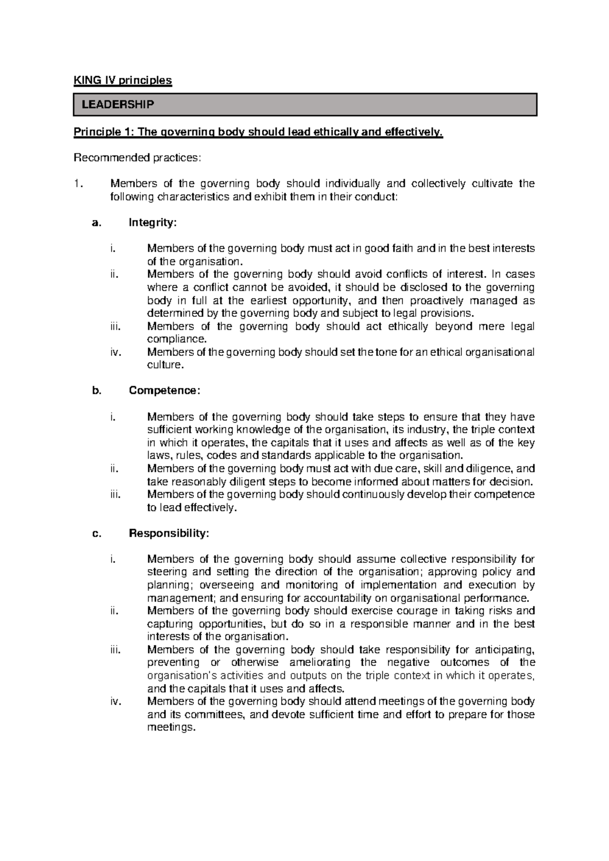 Unit 1 - KING IV Summary of Principles - KING IV principles Principle 1 ...