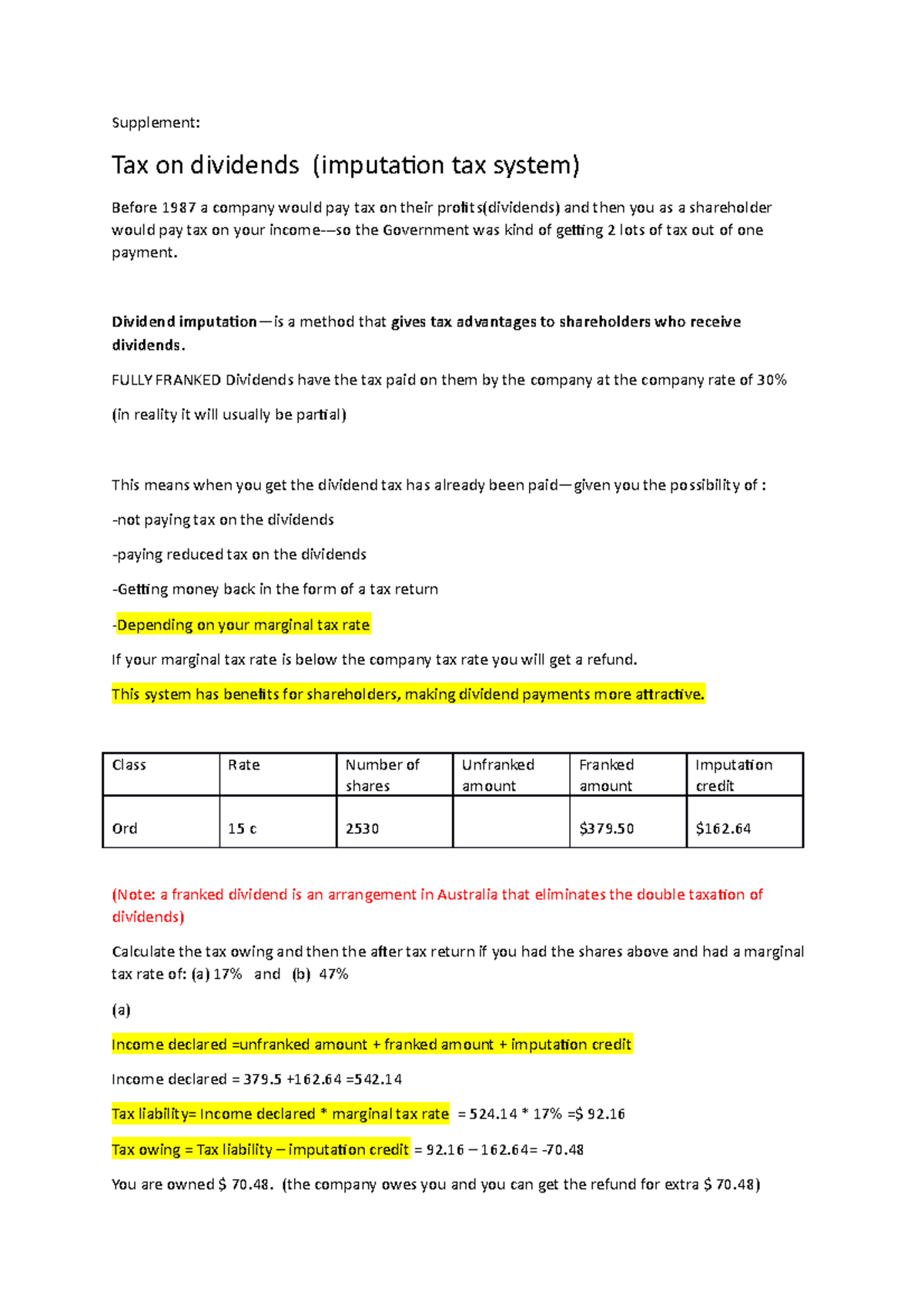 Imputation tax (supplement) - Supplement: Tax on dividends (imputation ...
