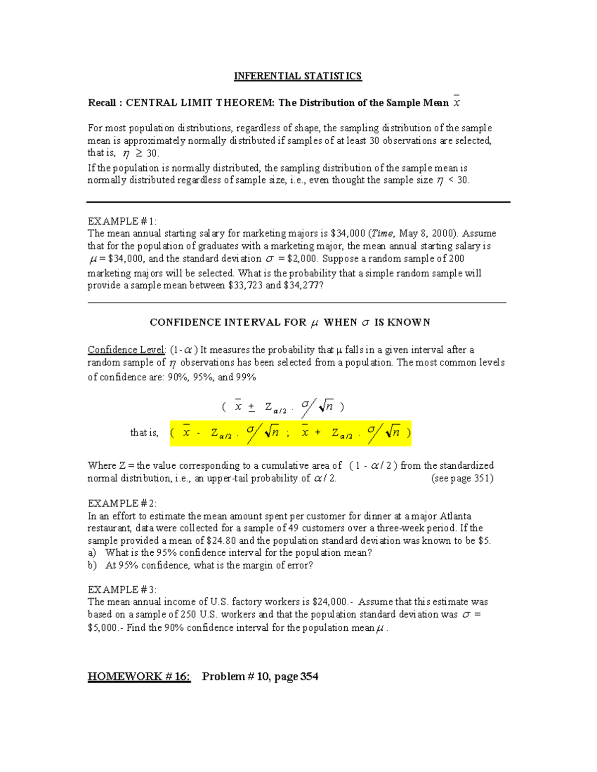 Class 16 - Confidence Intervals - INFERENTIAL STATISTICS Recall ...