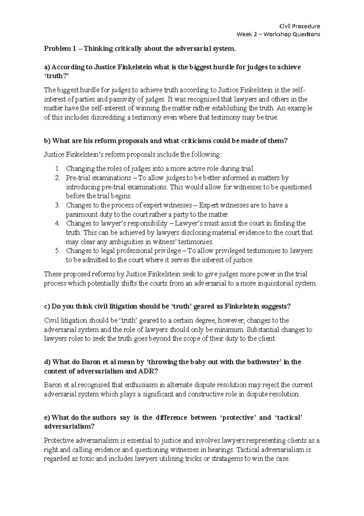 Workshop Q 1 - Civil Procedure Week 2 – Workshop Questions Problem 1 ...