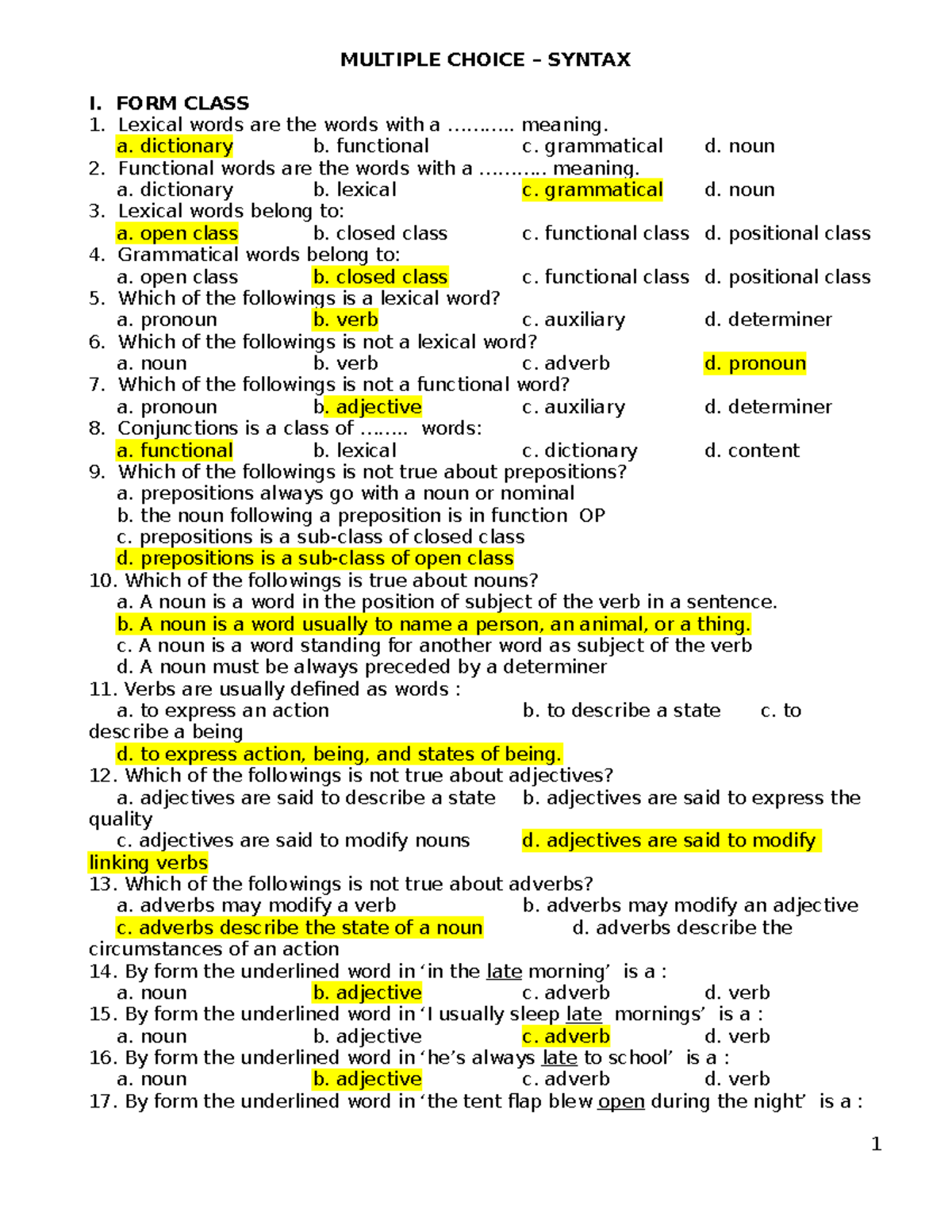Multiple-choice-Syntax - MULTIPLE CHOICE – SYNTAX I. FORM CLASS Lexical ...