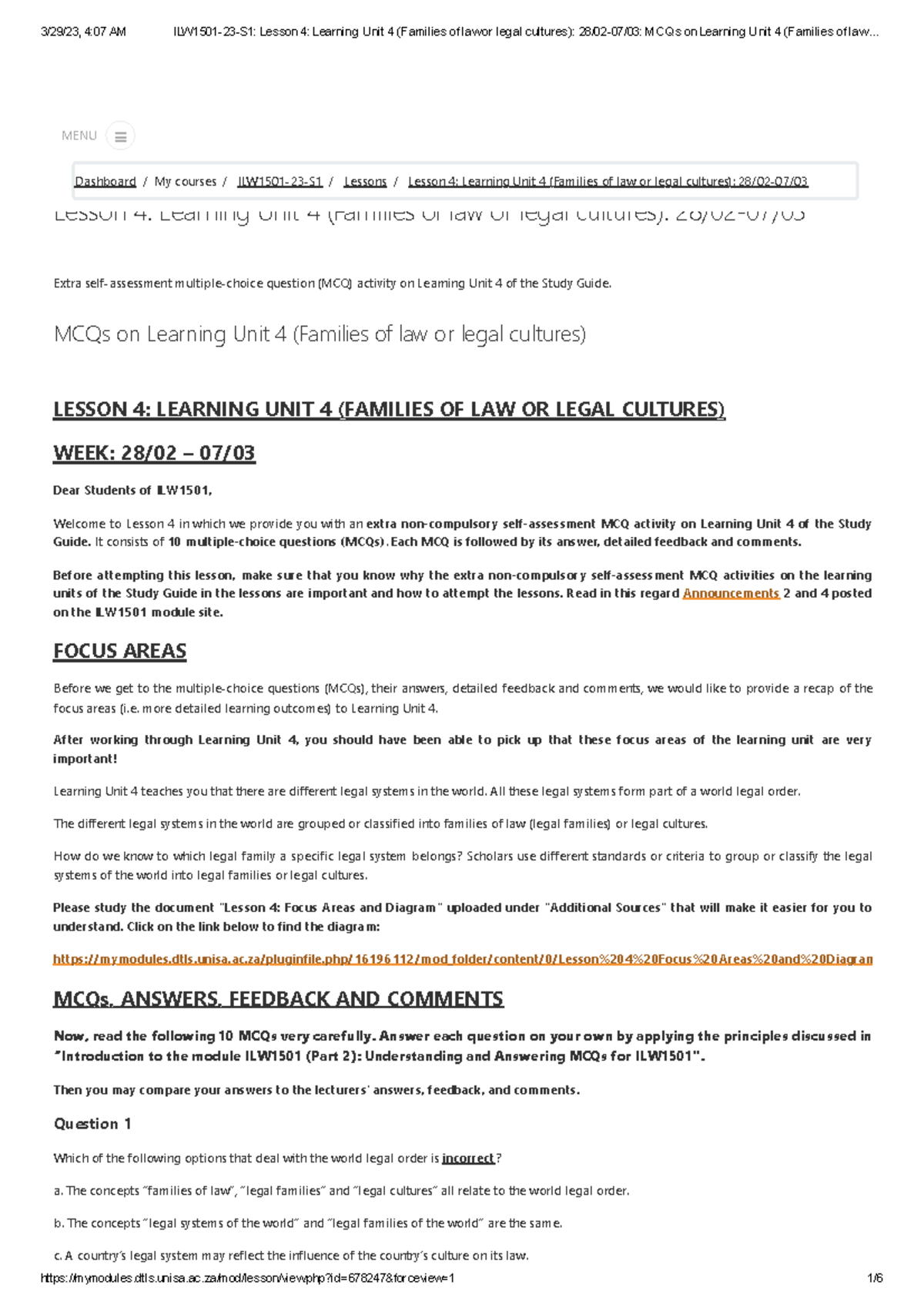 ILW1501-23-S1 Lesson 4 Learning Unit 4 (Families of law or legal ...
