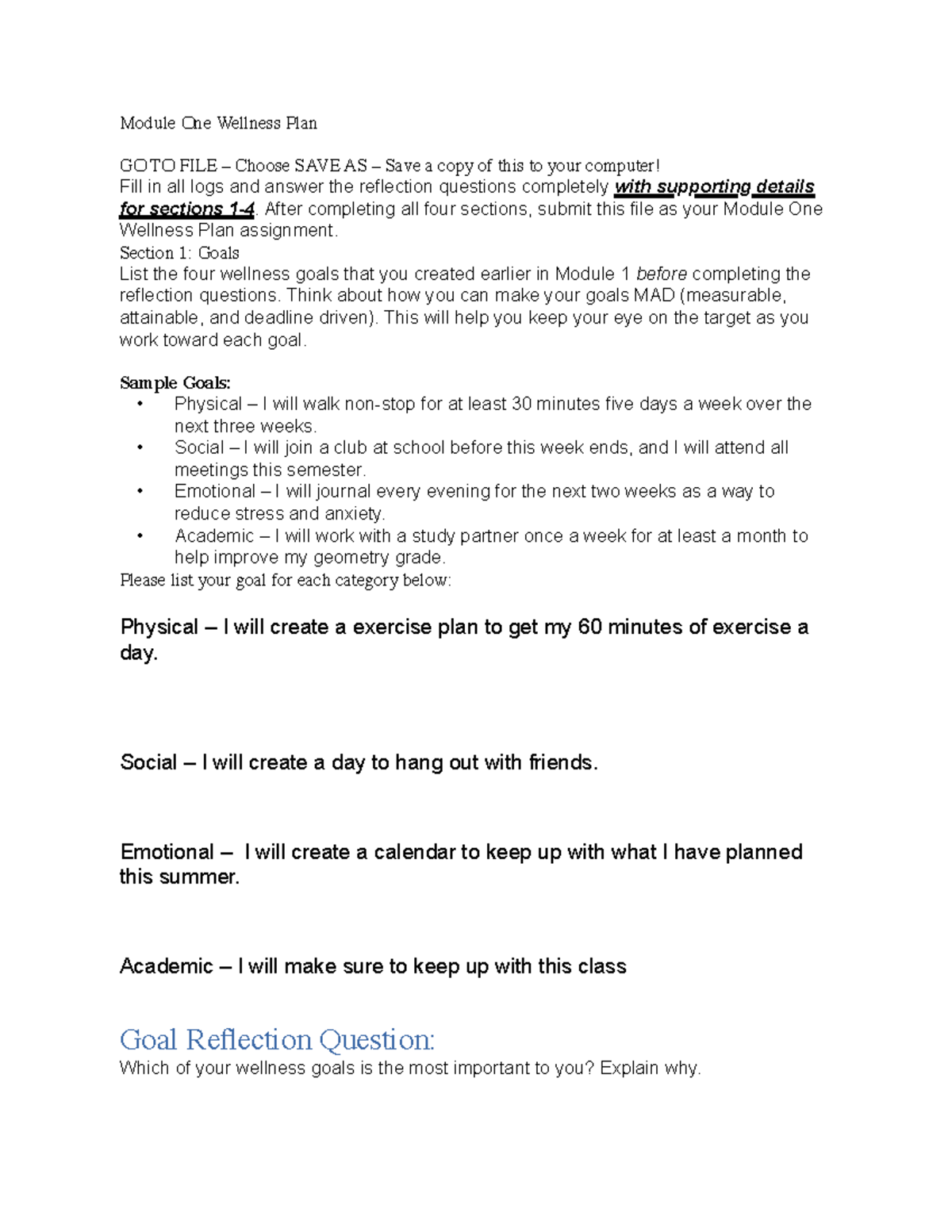 Module one wellness plan - Module One Wellness Plan GO TO FILE – Choose ...
