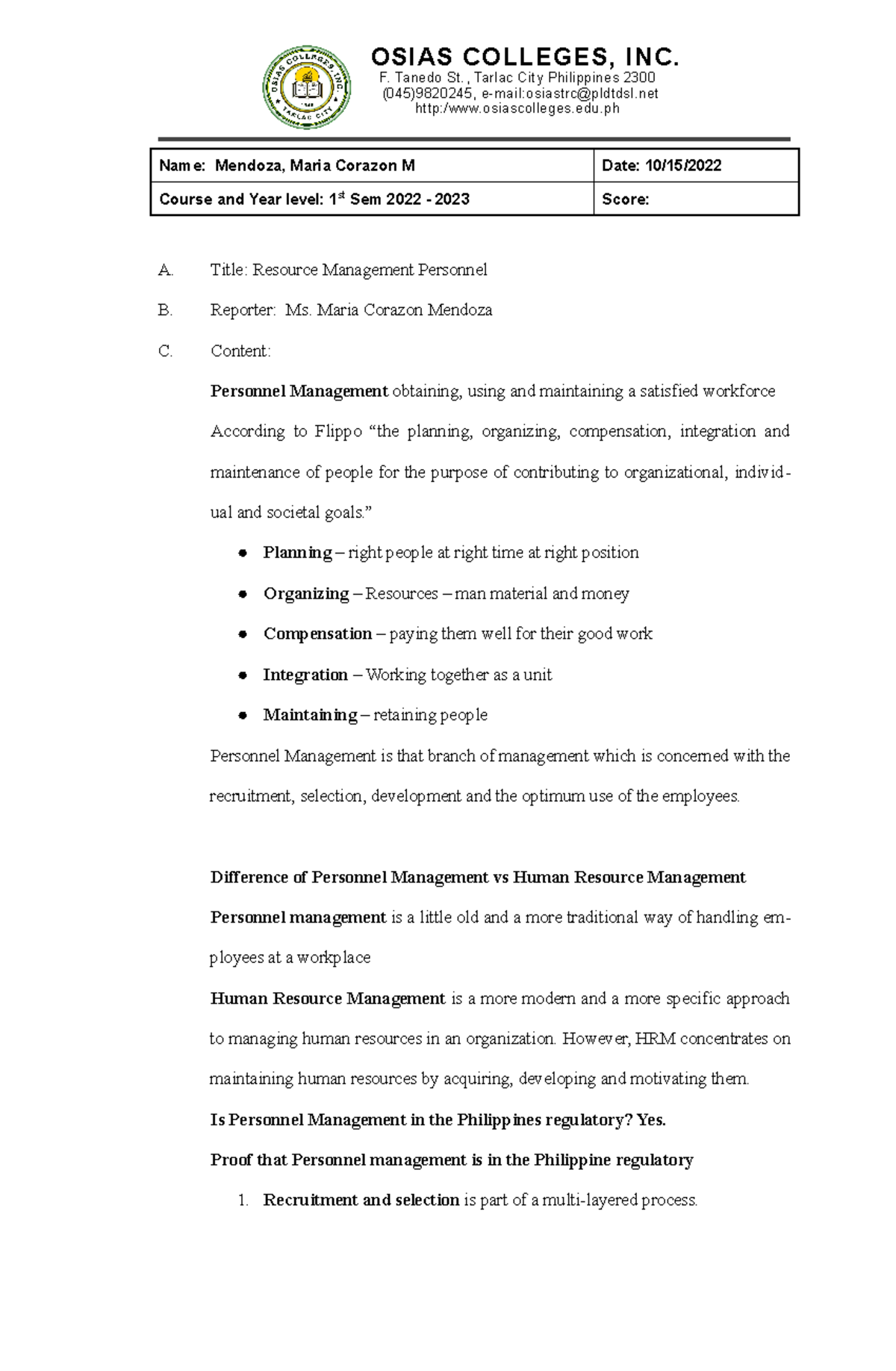 Research Collateral Mendoza Maria Corazon - OSIAS COLLEGES, INC. F ...