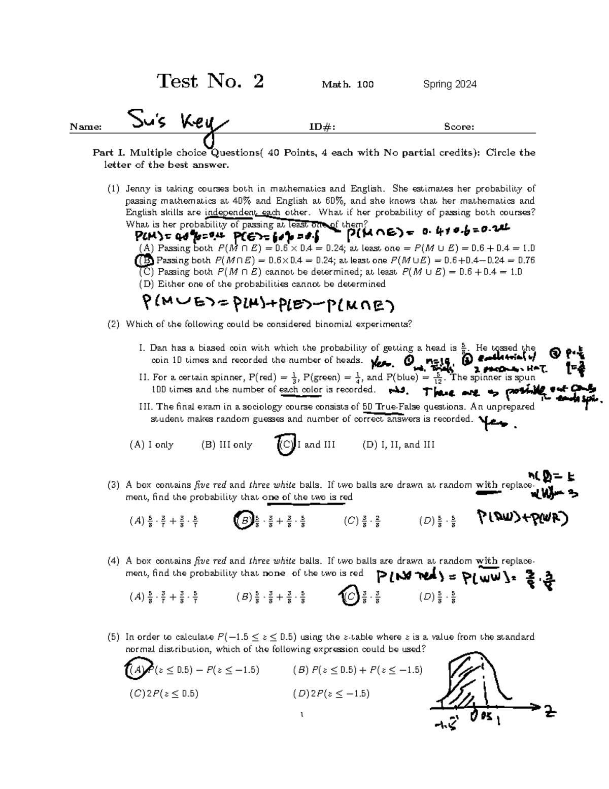 Key to Math100-Test No - test #2 key for prof su - Test No. 2 Math. 100 ...