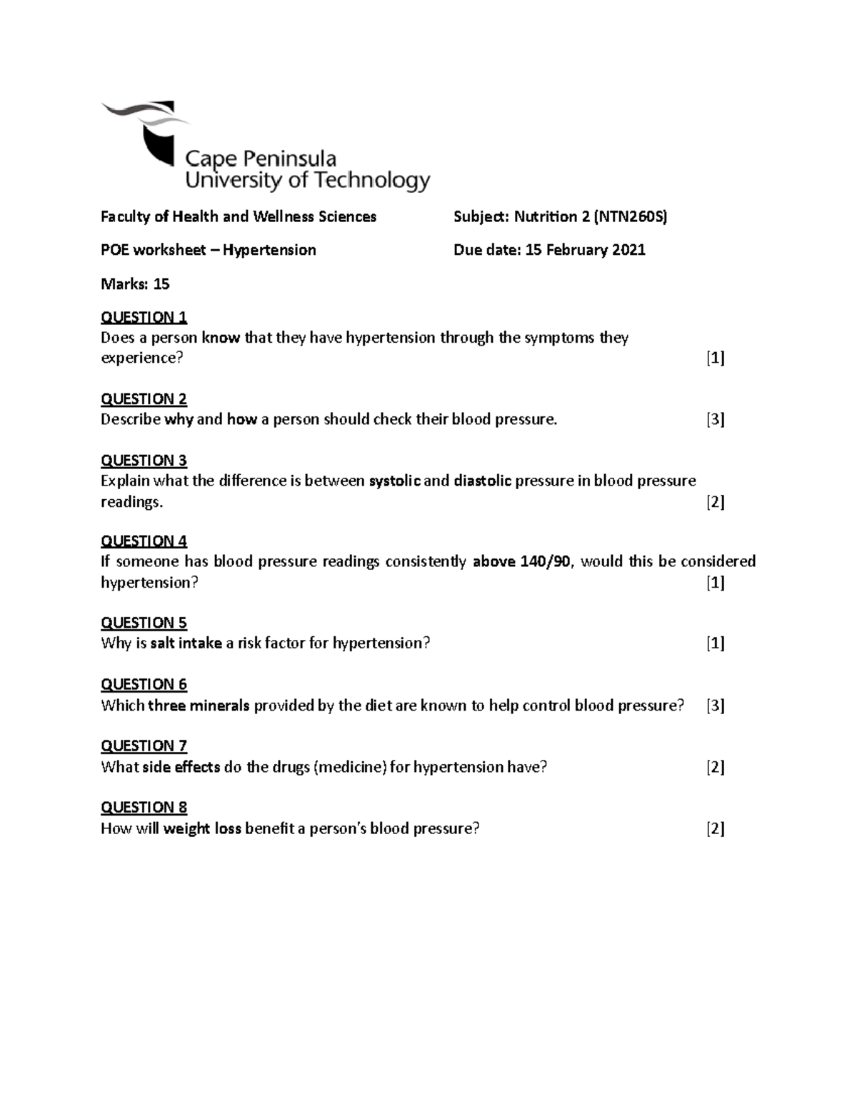 Nutrition 2 POE worksheet - Hypertension - Faculty of Health and ...